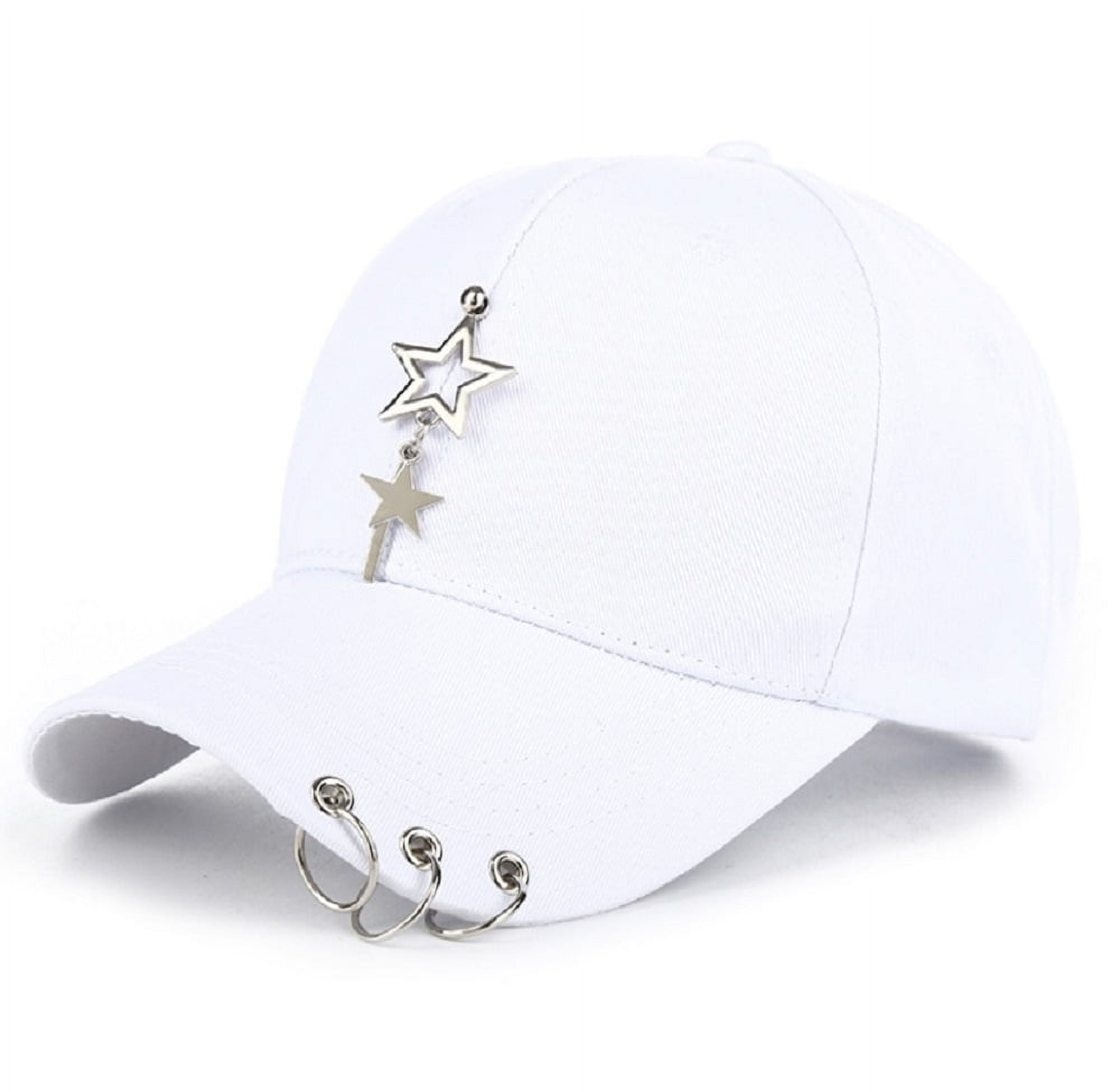 Unisex White Fitted Cap, K-pop Cap, Baseball Cap with Ring Chain ...