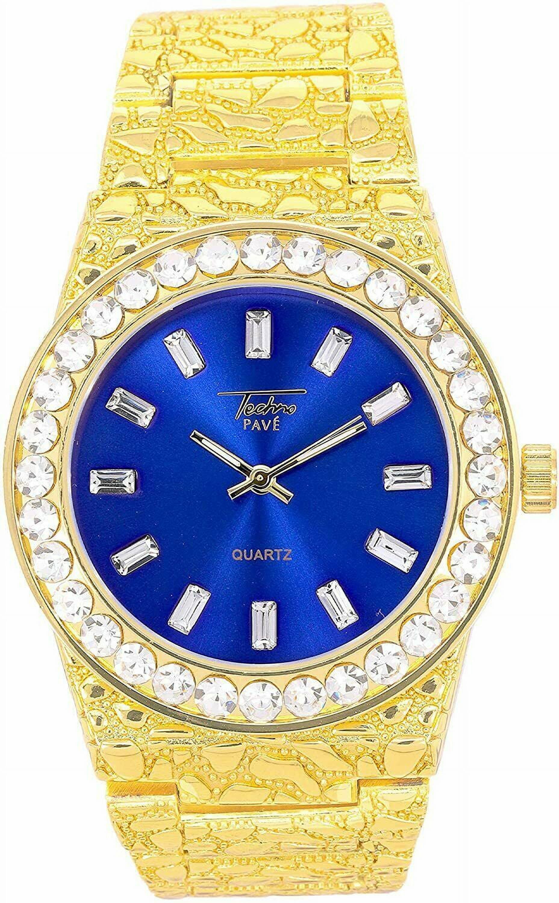 Unisex Wristwatch Iced Luxury Hip Hop Golden Nugget Style Bling Blue ...