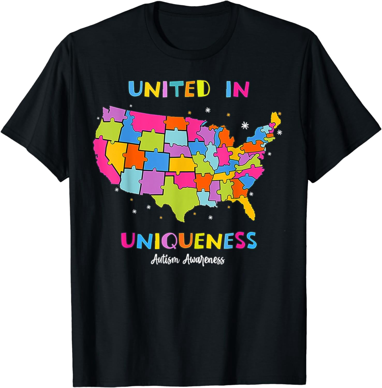 United In Uniqueness Autistic Map Us Puzzle Autism Awareness T-Shirt ...
