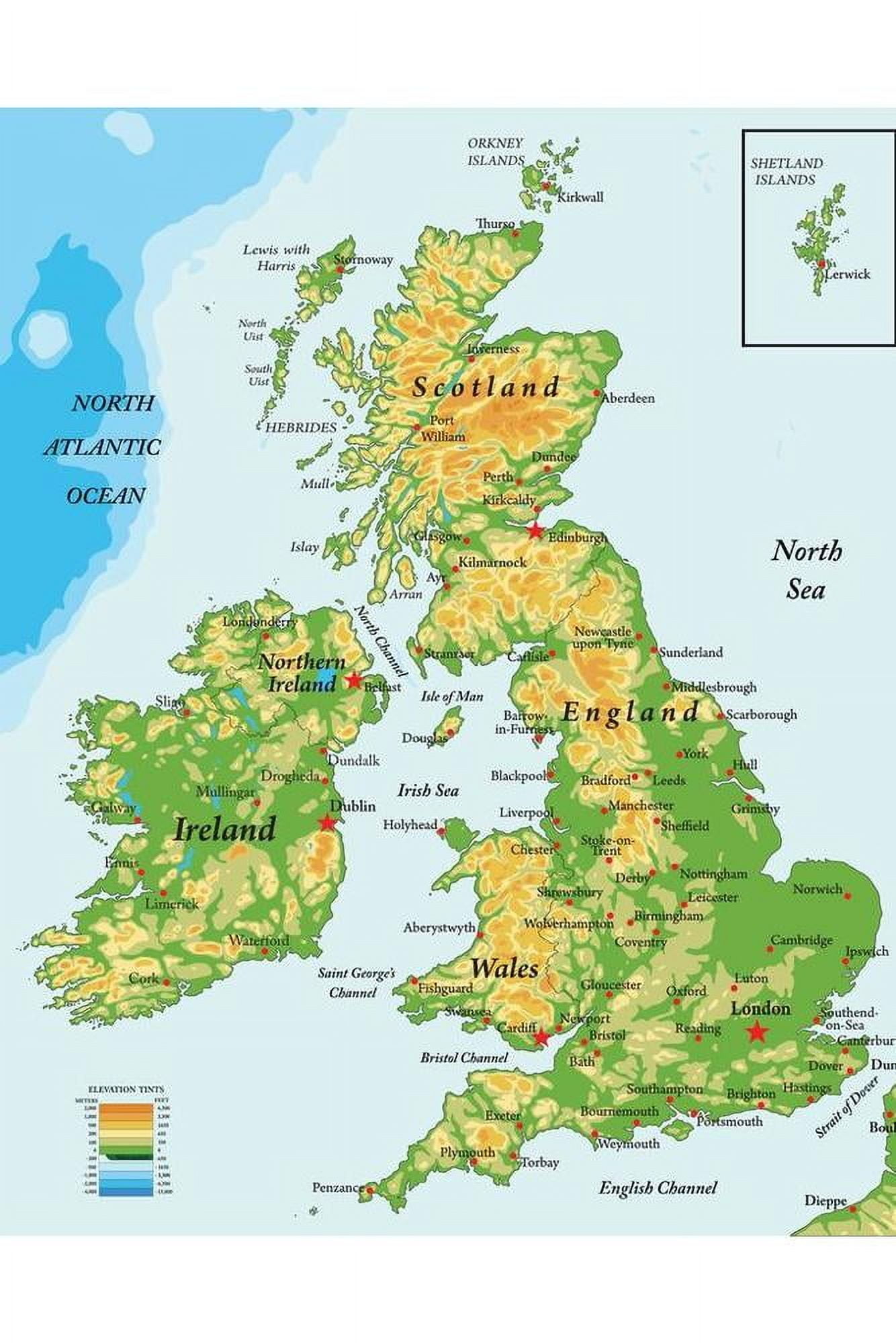 United Kingdom Ireland Scotland Topographical City Atlantic Ocean Map ...