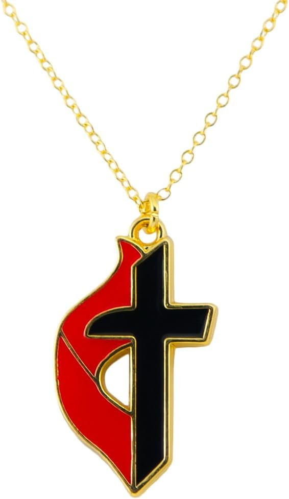 United Methodist UMC Cross & Flame Necklace Gold Red, 18 Inch Chain ...