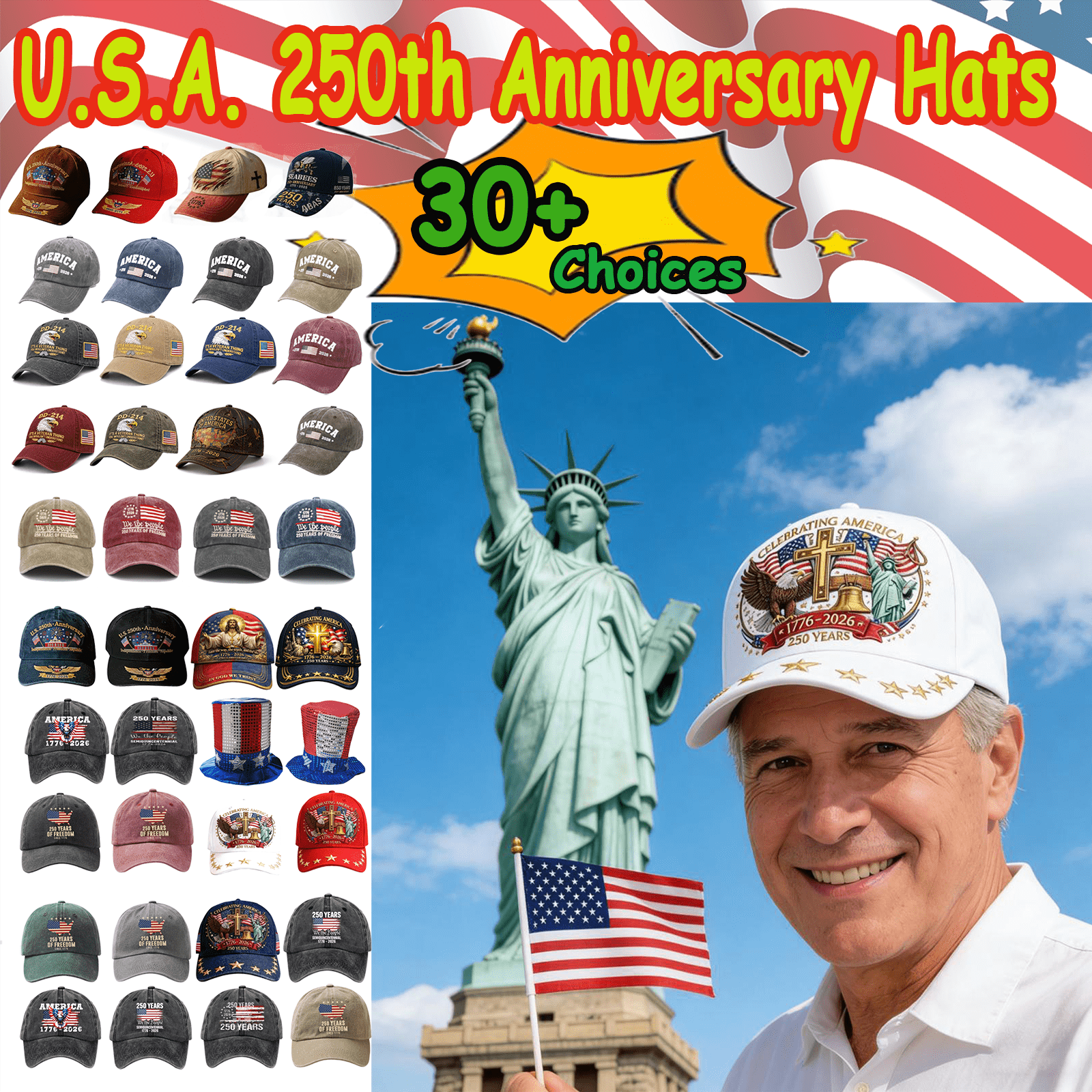 United States 250th Anniversary Baseball Cap, Bald Eagle and Flag Print ...