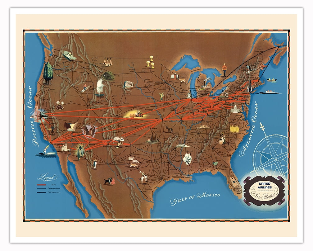 United States Air Routes Map - United Airlines - Vintage Airline Travel ...