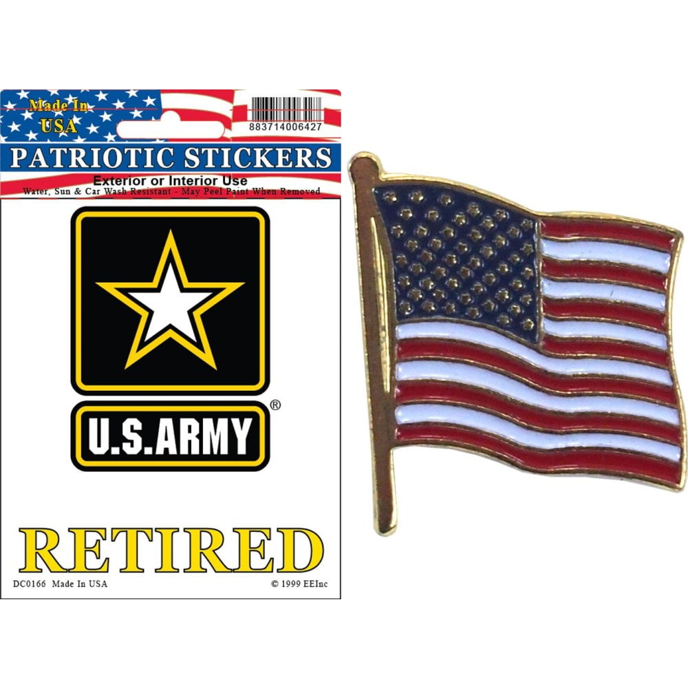 United States Army Retired Sticker 3-1/4" & USA American Flag Lapel Pin ...