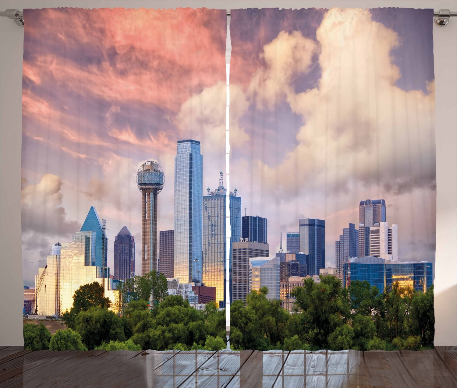 Ambesonne United States Curtains 2 Panel Set, Dallas Skyline, 108" x 84 ...