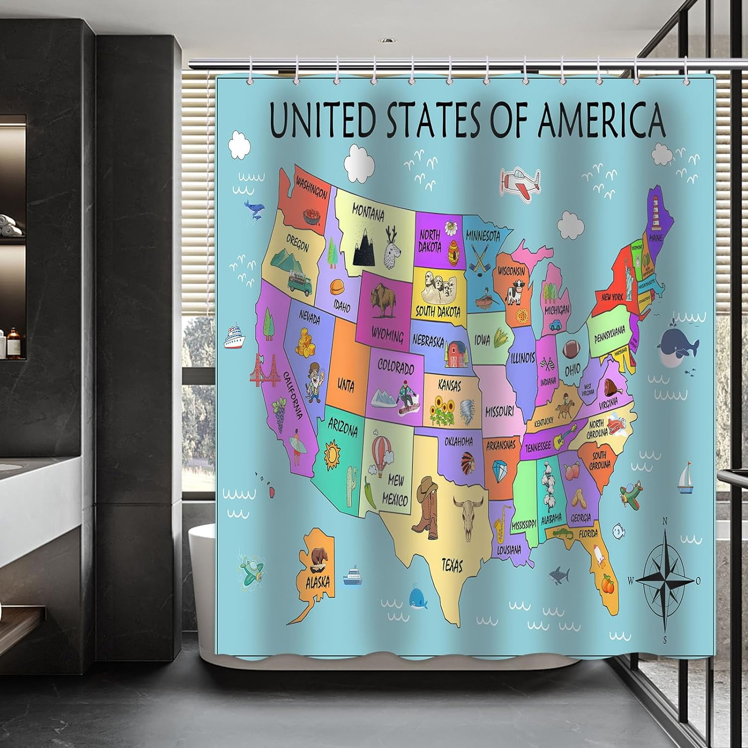 United States Map Shower Curtain, USA Shower Curtain Cartoon Animal US ...
