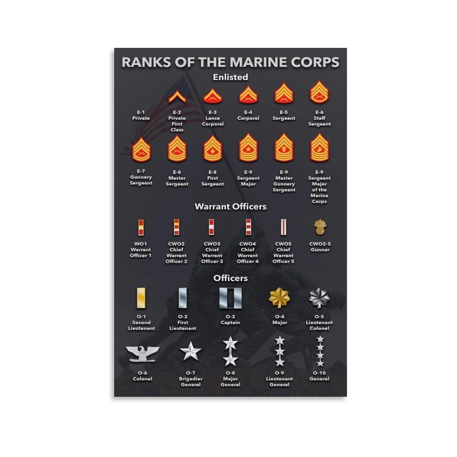 United States Marine Corps Rank Badge Chart Wall Art Poster Canvas ...