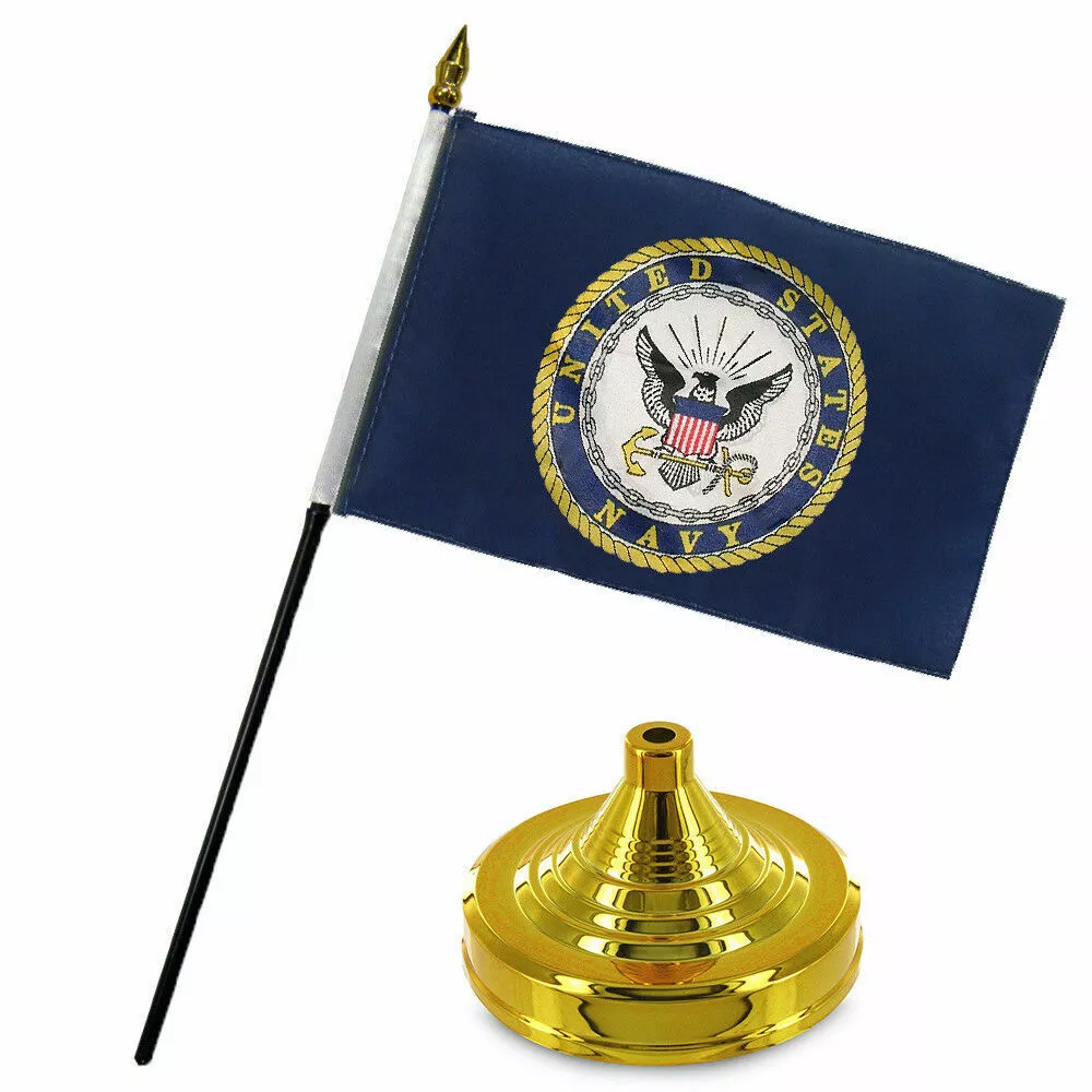 United States Navy Emblem Flag 4"x6" Desk Set Table Stick Gold Base ...