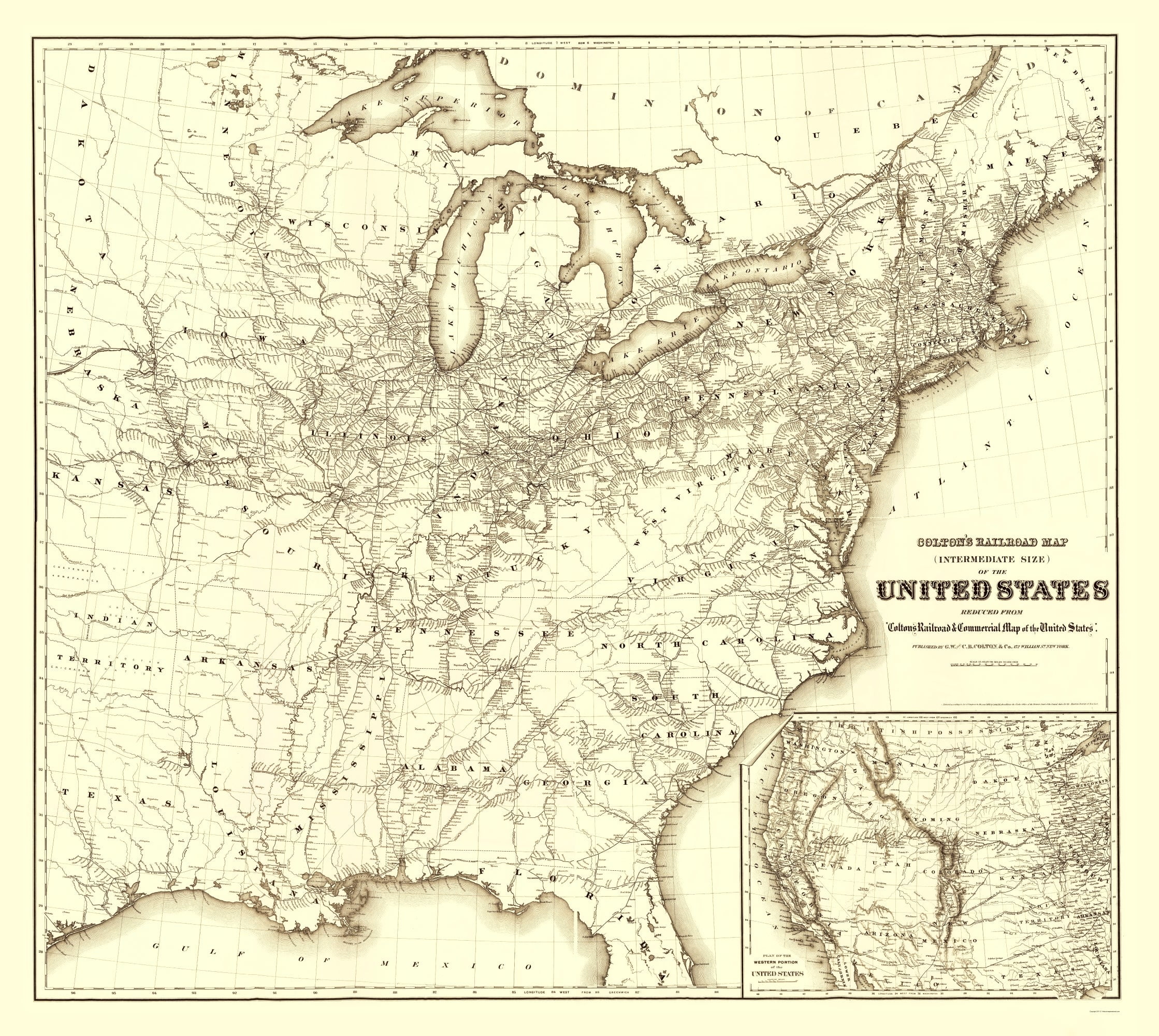 Railroad Map - United States Railroads - Colton 1870 - 23 x 25.73 ...