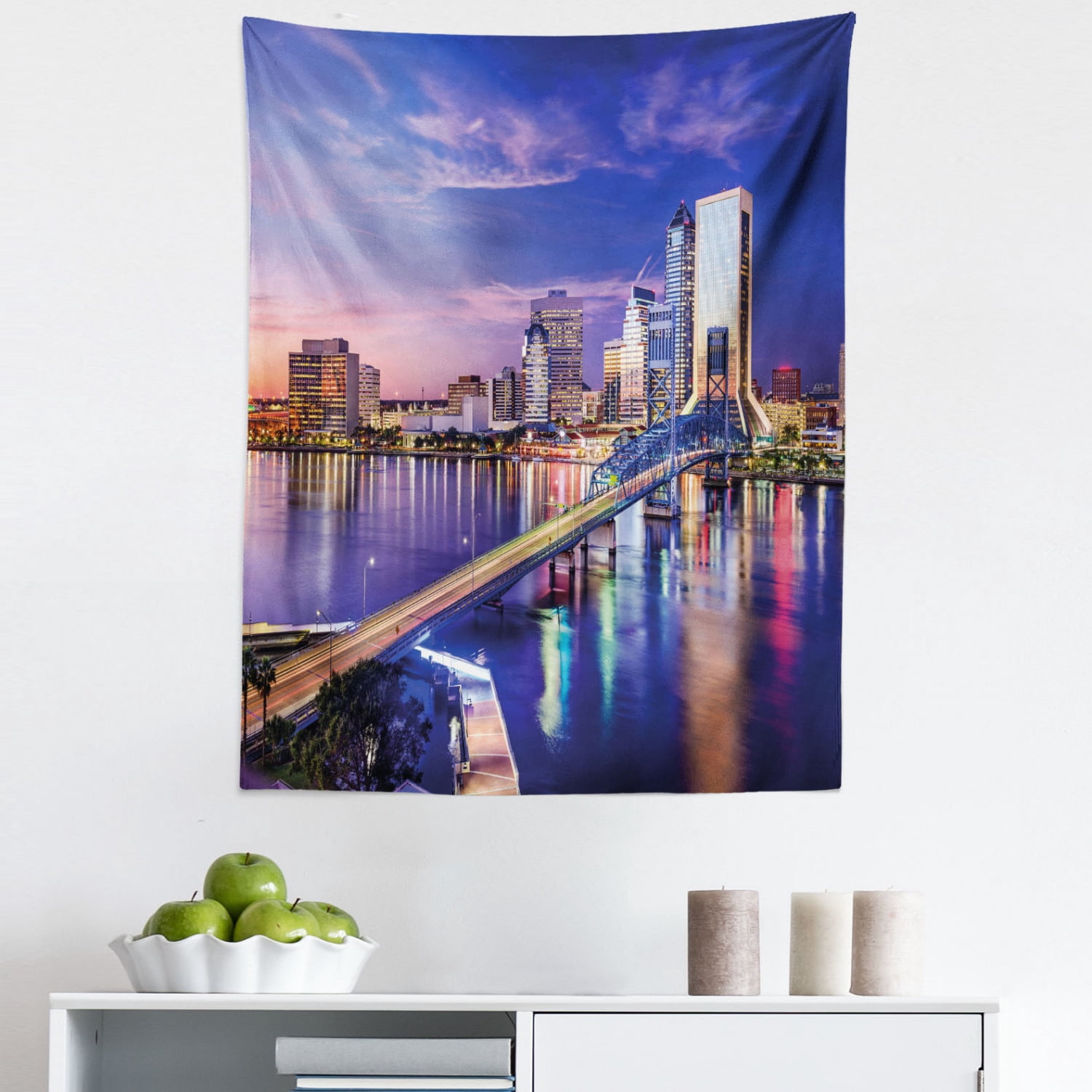 United States Tapestry, Jacksonville Florida Skyline Vibrant Night St ...