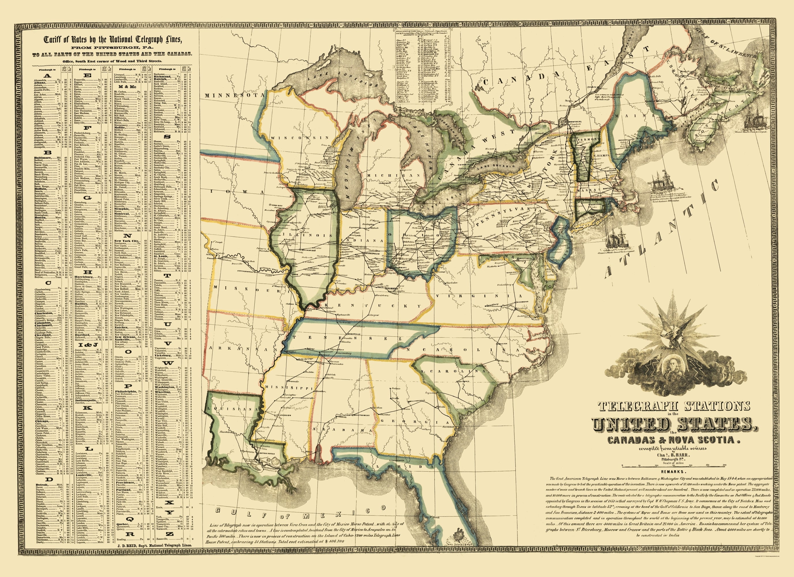 Historic State Map - United States Telegraph Stations - Barr 1853 - 23 ...