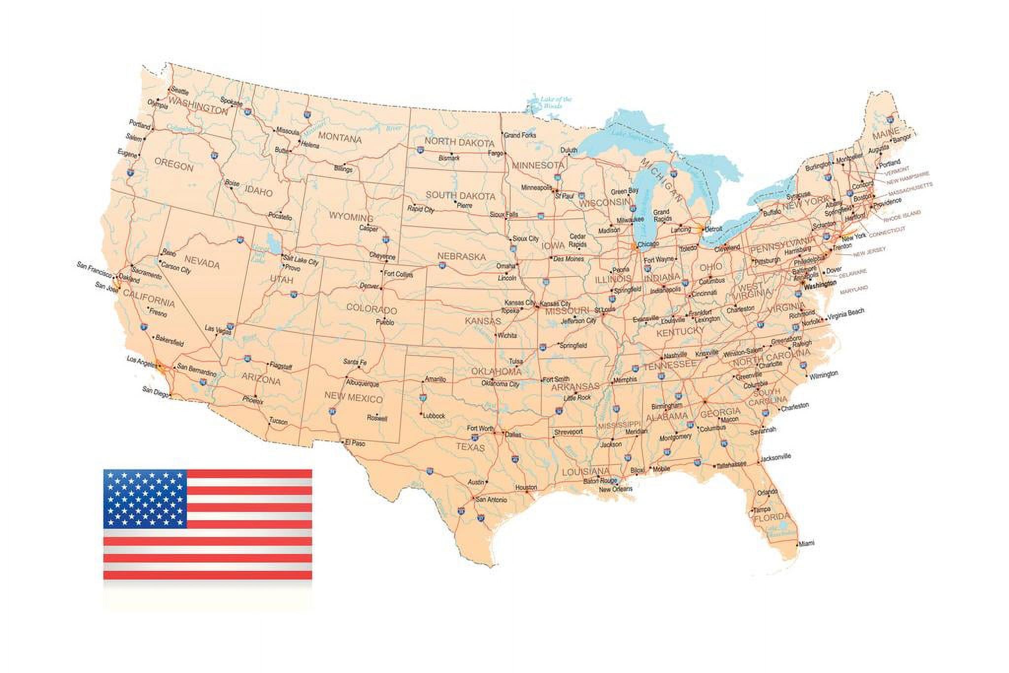 United States USA Decorative Highway Map with Flag US Map with Cities ...
