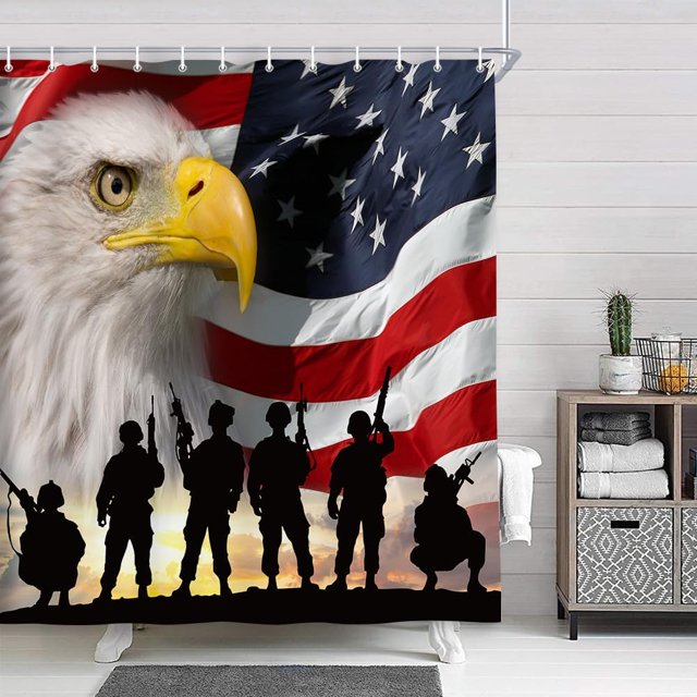 United States USA Flag Shower Curtains, American Military Soldiers with ...