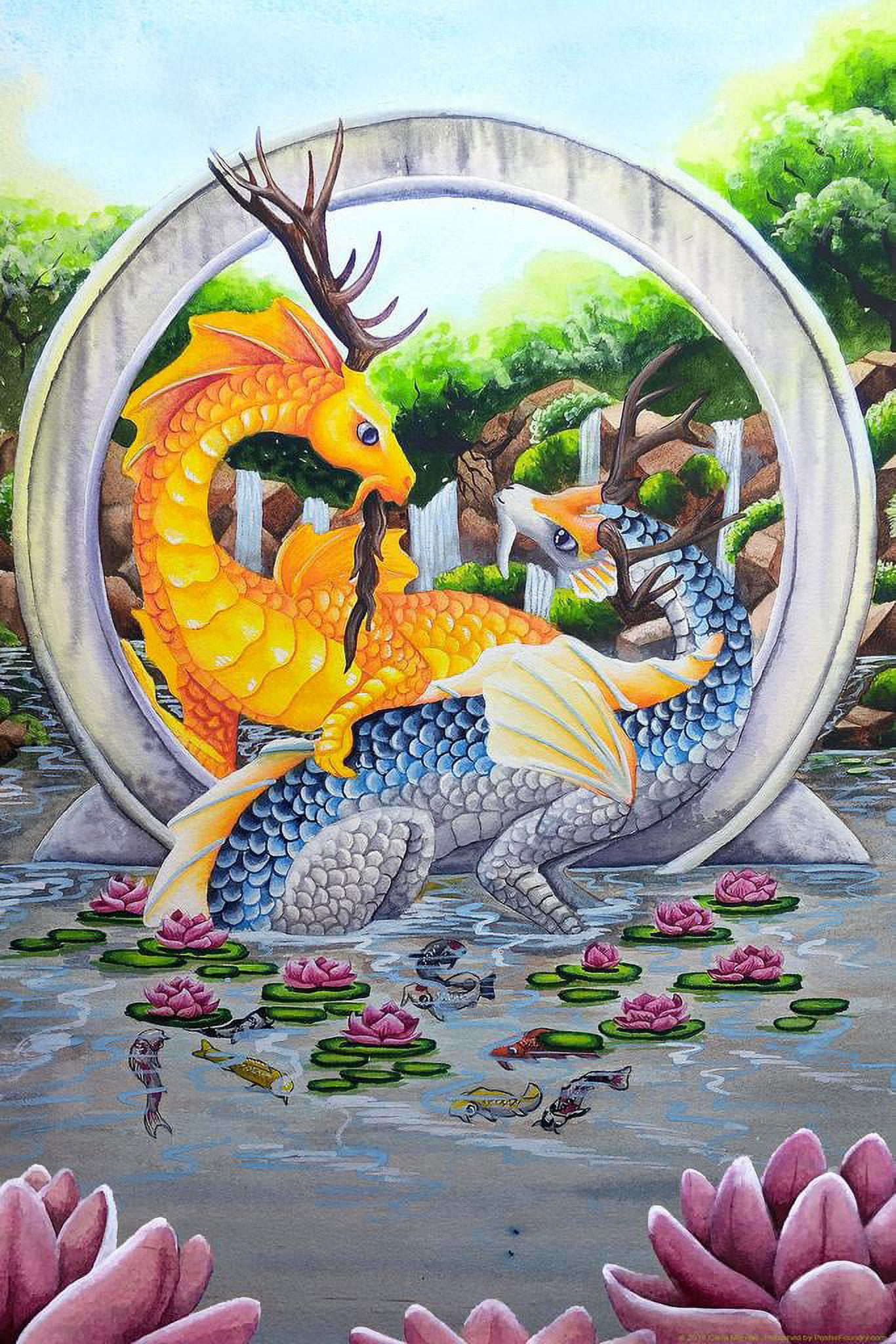 Unity by Carla Morrow Golden Carp Dragon Yin Yang in Pond Fantasy Cool ...