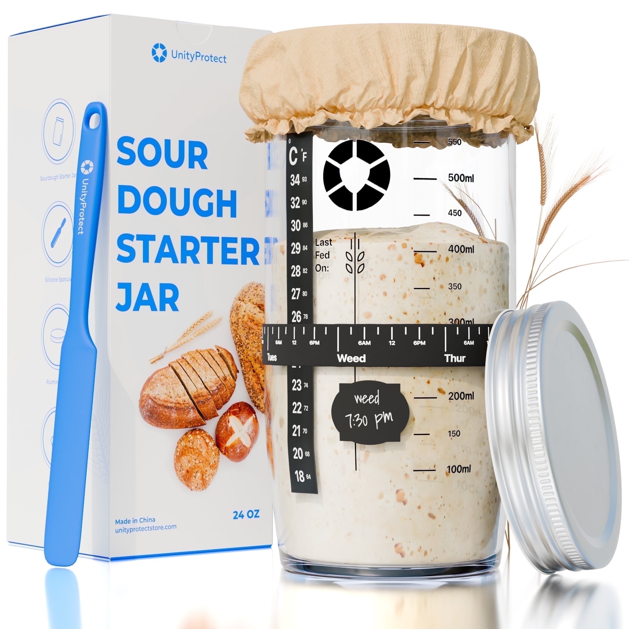 UnityProtect Sourdough Starter Jar Kit - 24 oz Glass Sour Dough Jar with Thermometer Strip ...
