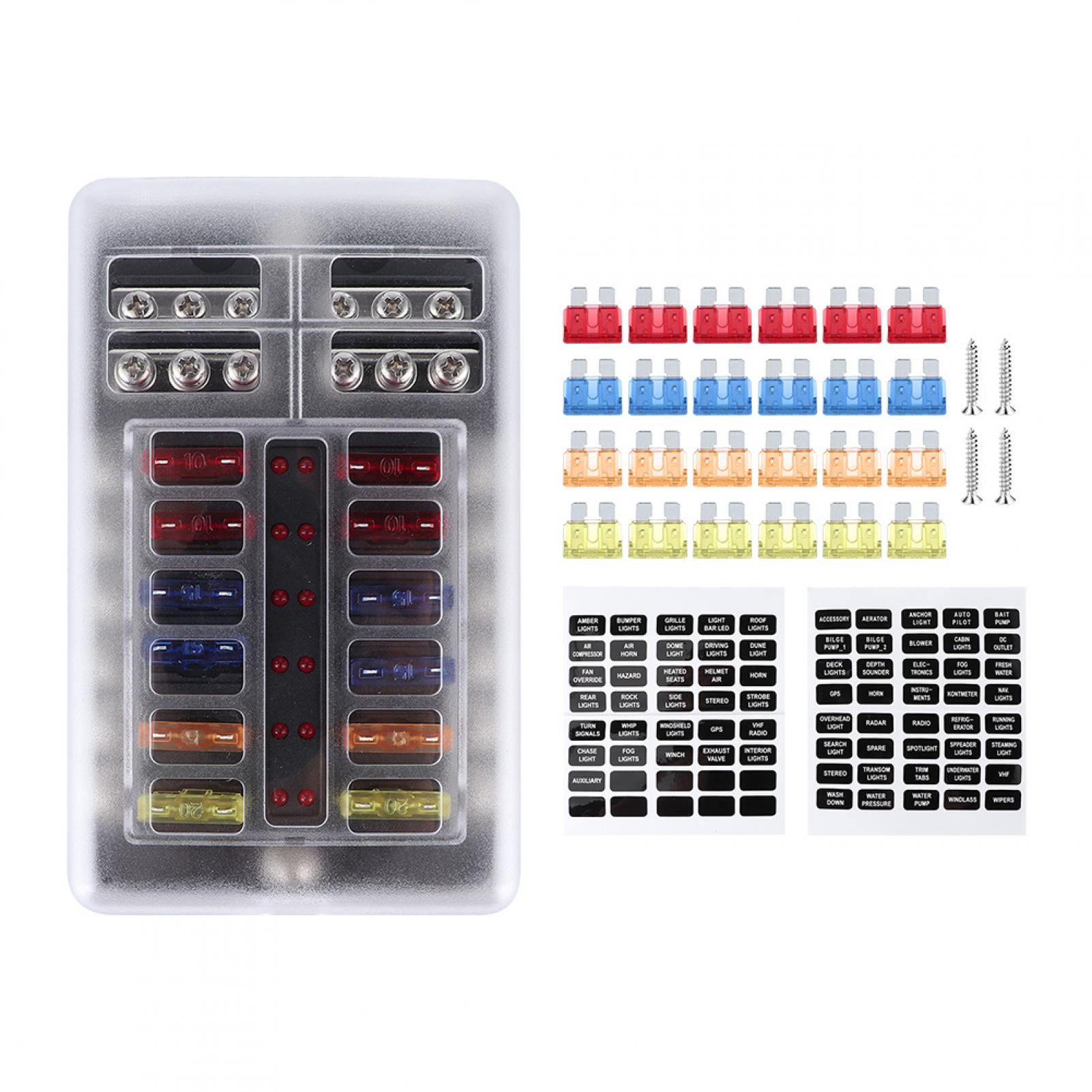 Universal 12-Way Fuse Box Holder with LED Light, Waterproof and ...