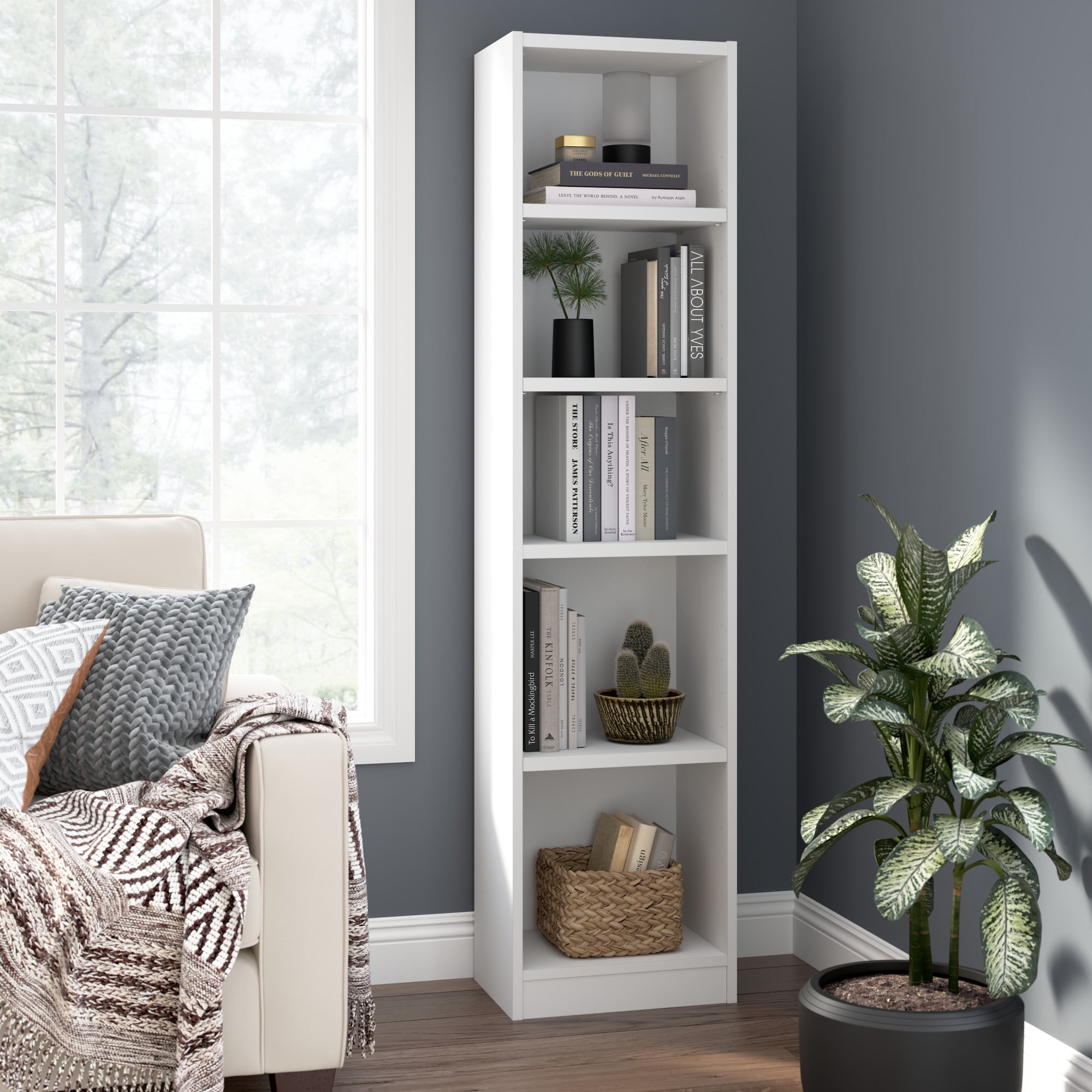 Universal 17W Narrow 5 Shelf Bookcase in White - Engineered Wood ...