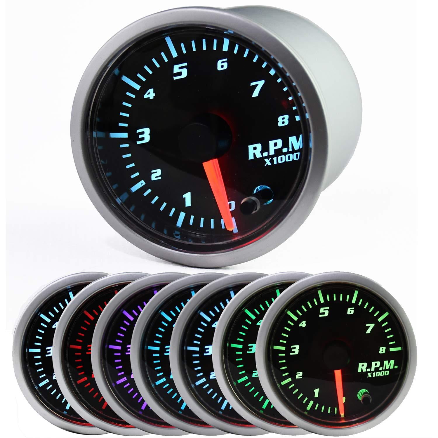 Universal 2'' 52mm RPM Gauge, 7 Color 8,000 RPM Tachometer Gauge ...