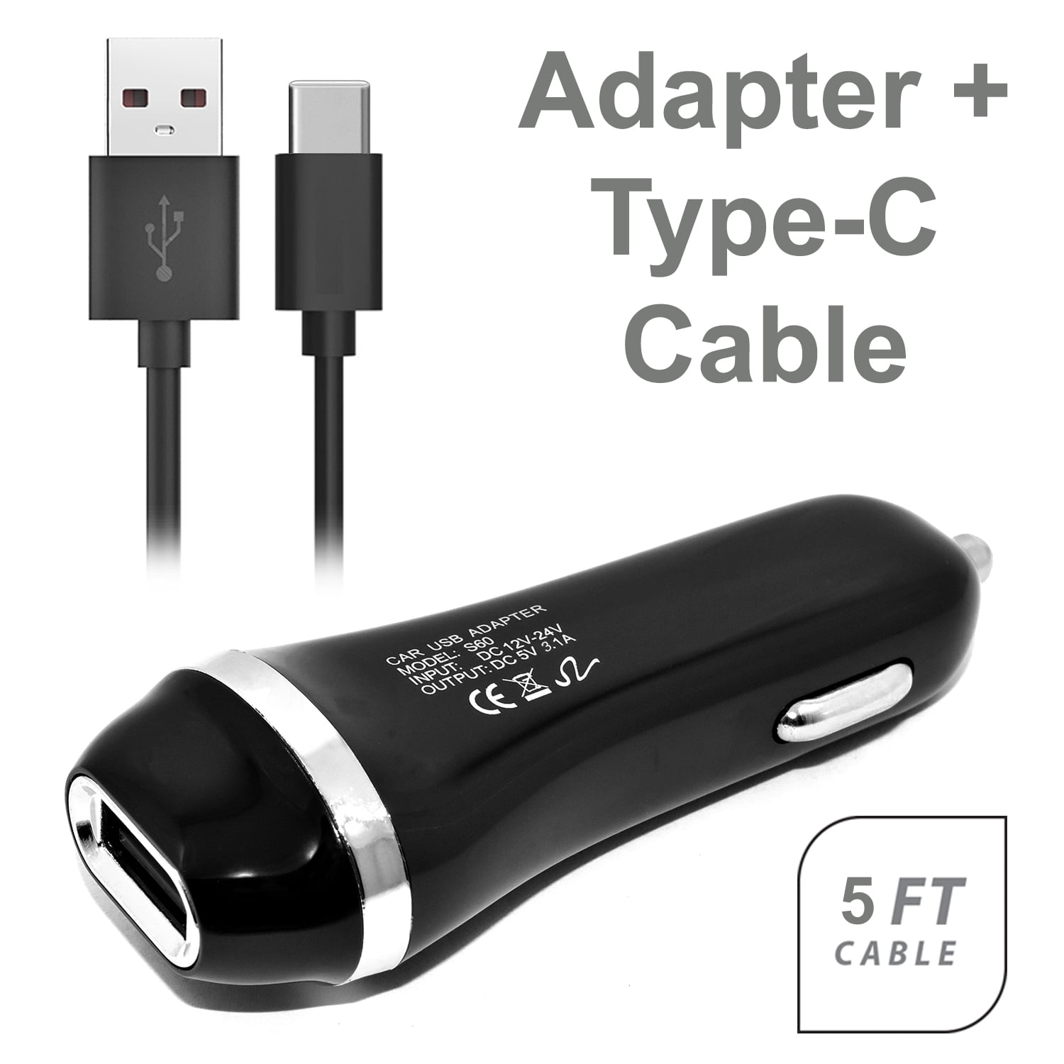 Universal 2 In 1 USB Car Charger Adapter With 5 Ft Type-C USB Cable ...