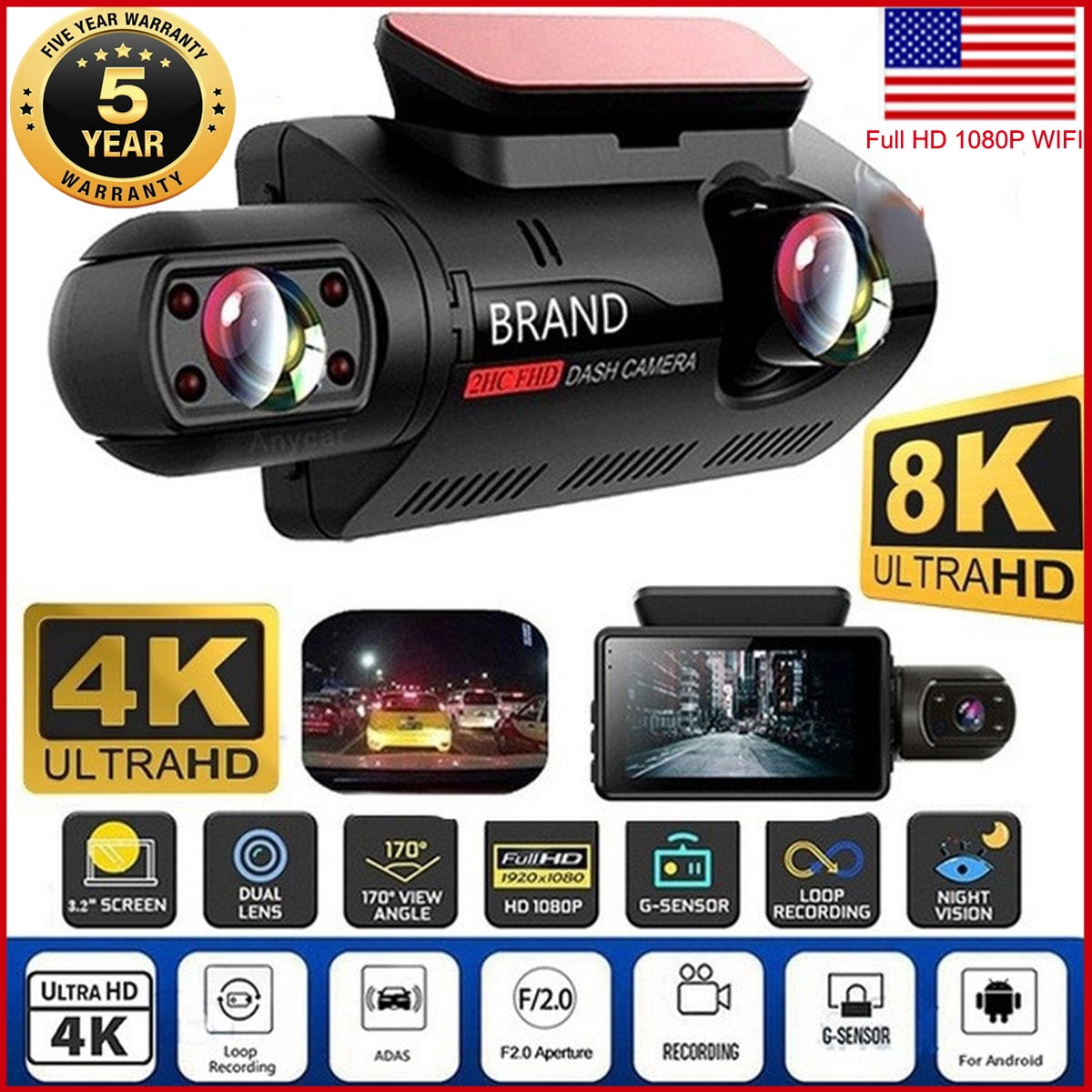 Universal 3'' Dash Cam: HD 1080P, Dual Lens, Wide Angle, Night Vision ...