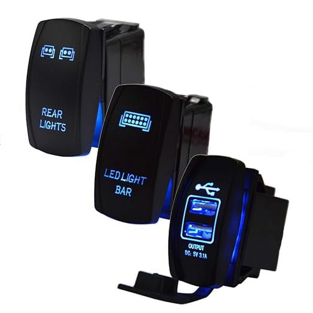 Universal 3pcs Rocker Switch LED Light & Rear light & USB Power Charge ...