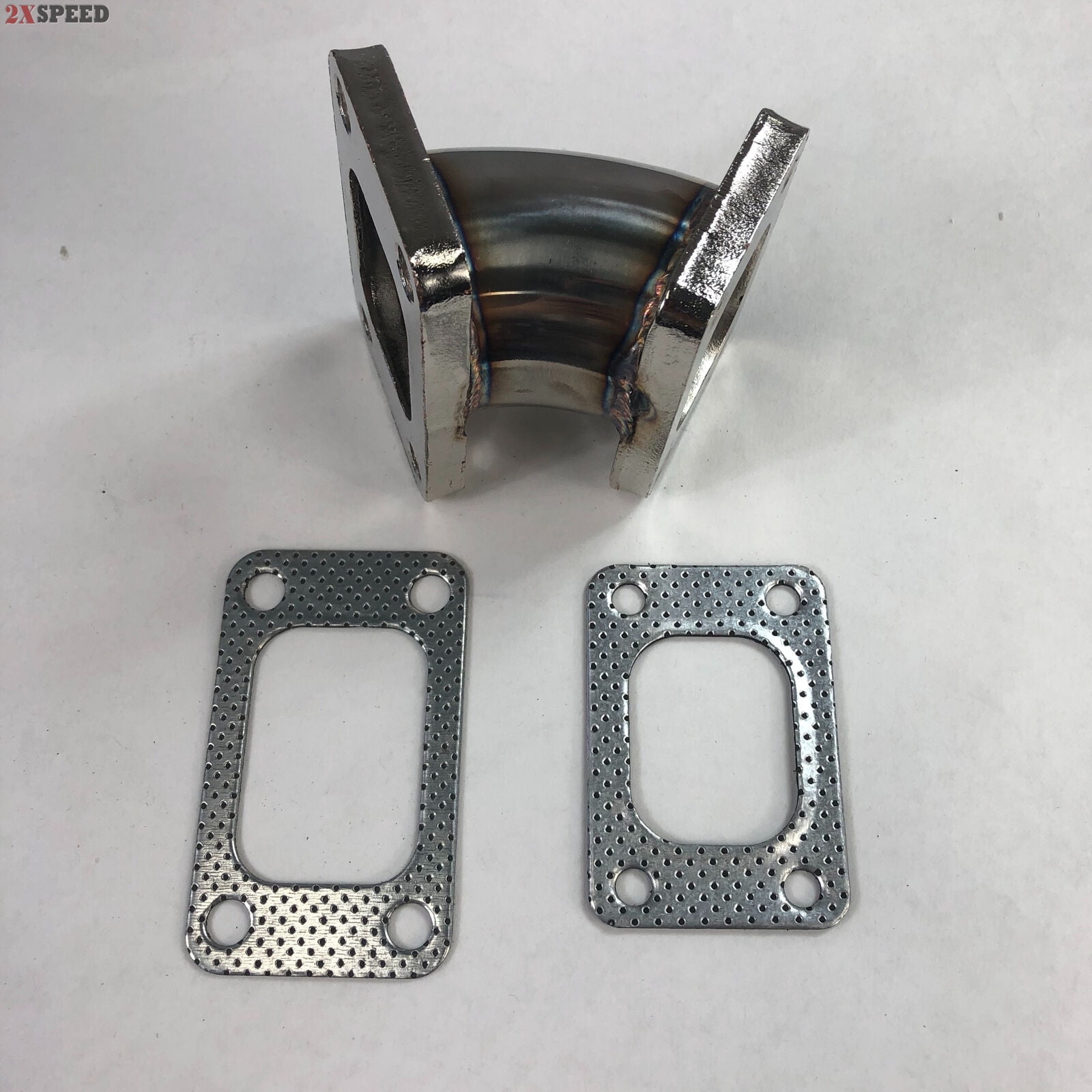 Universal 45 Degree SS Elbow Adapter Downpipe T3 to T2 flange 4 Bolts ...