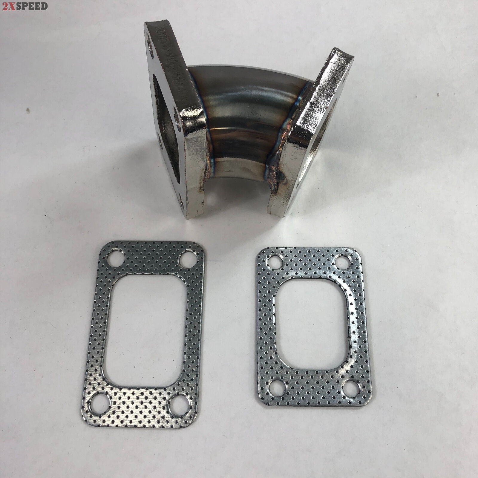 Universal 45 Degree SS Elbow Adapter Downpipe T3 to T2 flange 4 Bolts ...