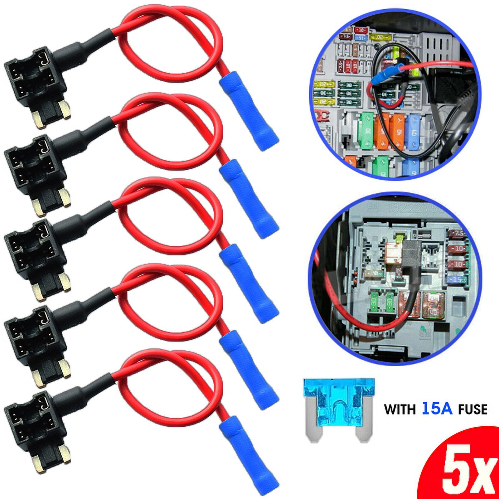 Universal 5 Pack Car Add-A-Circuit Piggy Back Fuse Tap Adapter 16AWG ...