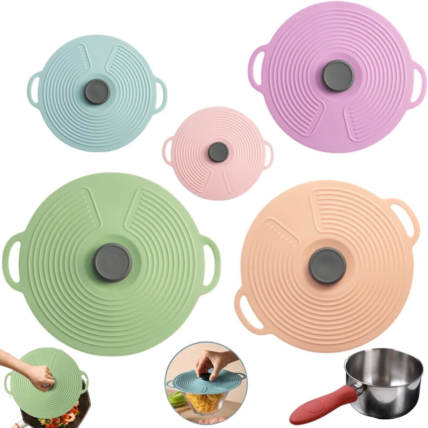 "Universal 5 Piece Silicone Lid Set: Microwave Splatter Cover Lid for ...