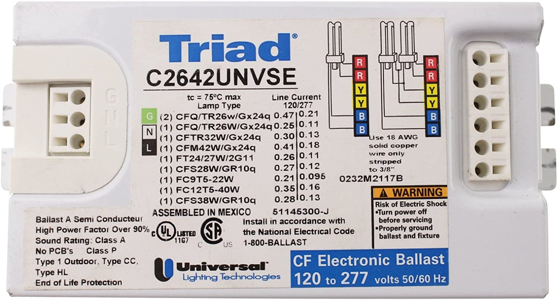 "Universal C2642UNVME Compact Fluorescent Ballast, 2 Lamp, 26W CFL, 120 ...