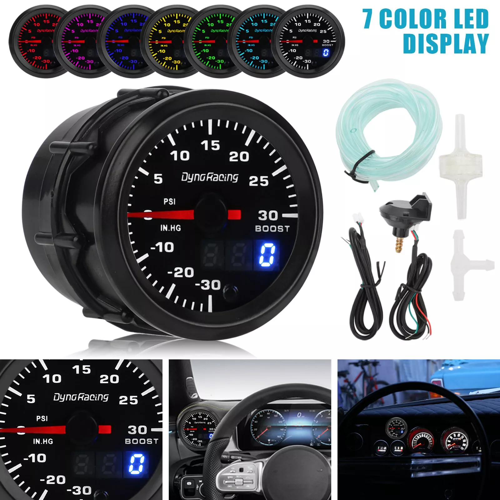 Universal Car Digital & Pointer 7 Color LED Turbo Boost Gauge Psi ...