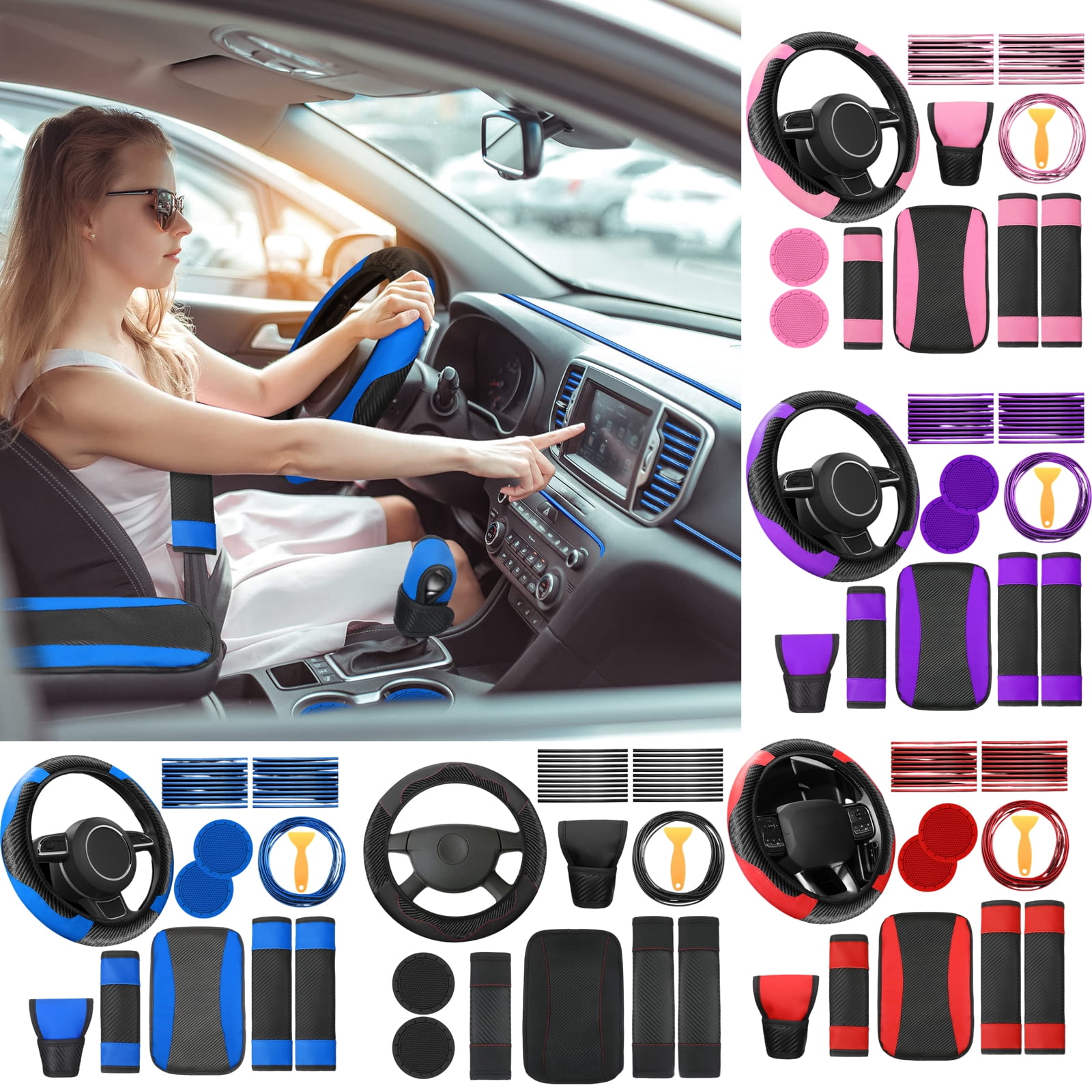 Universal Car Interior Upgrade Kit – Steering Wheel Cover, Seat Belt ...