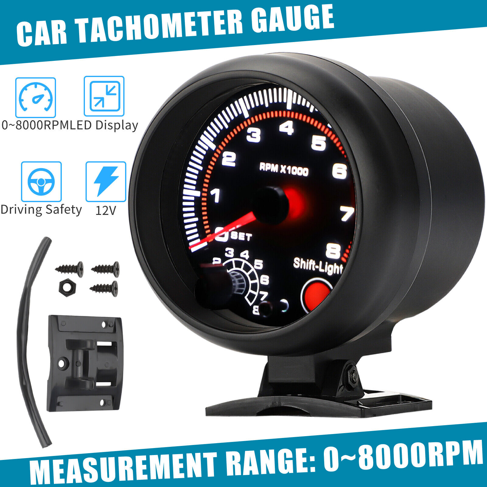 Universal Car Tachometer Gauge Tacho Meter with LED Shift Light 0-8000 ...