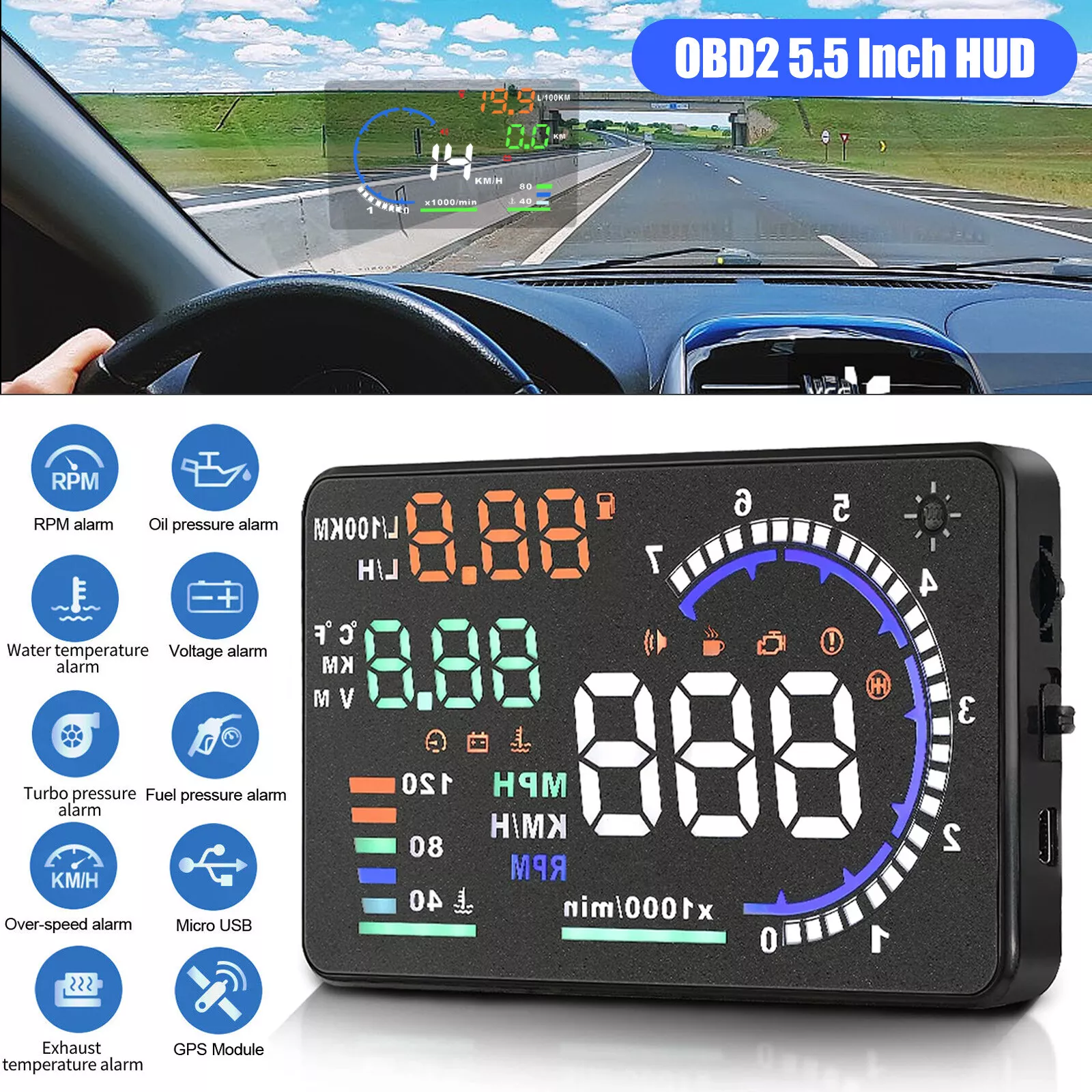 Universal Digital Speedometer OBDII Car HUD Head Up Display MPH Water ...