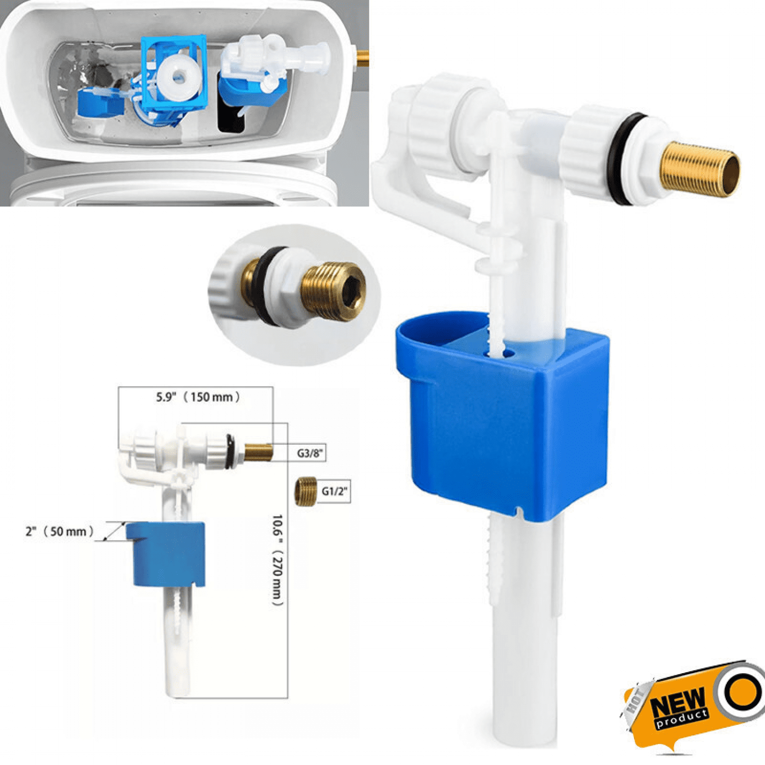 Universal Fill Valve Toilet Cistern Float Valve 3/8 & 1/2 Inch Fits ...