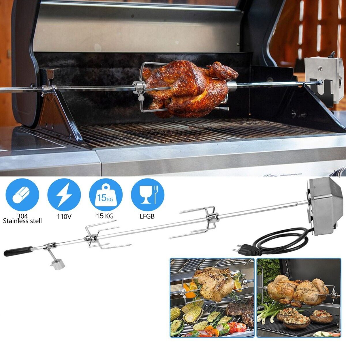 Universal Grill Rotisserie Kit for Spit Rods 47'' X 1/3'' Hexagon Spit ...