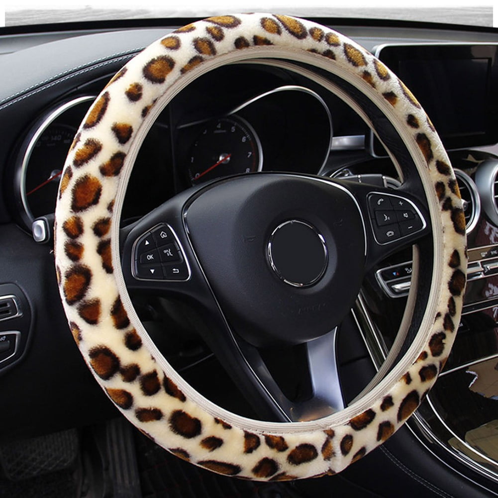 Universal Leopard Print Fluffy Warm Car Steering Wheel Cover Plush