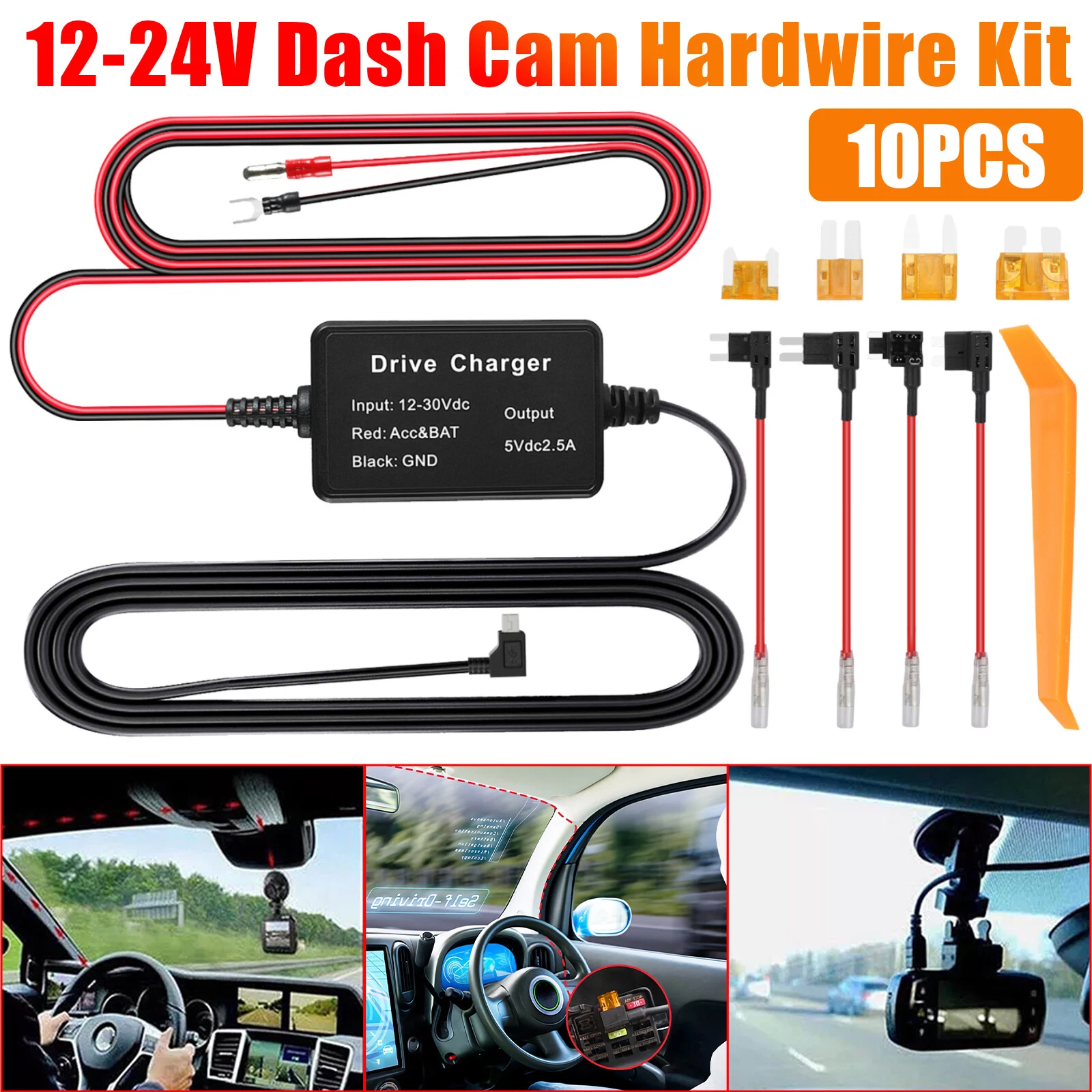 Universal Mini Usb Dash Cam Hard Wire Cable Fuse Connector 12V-24V To ...