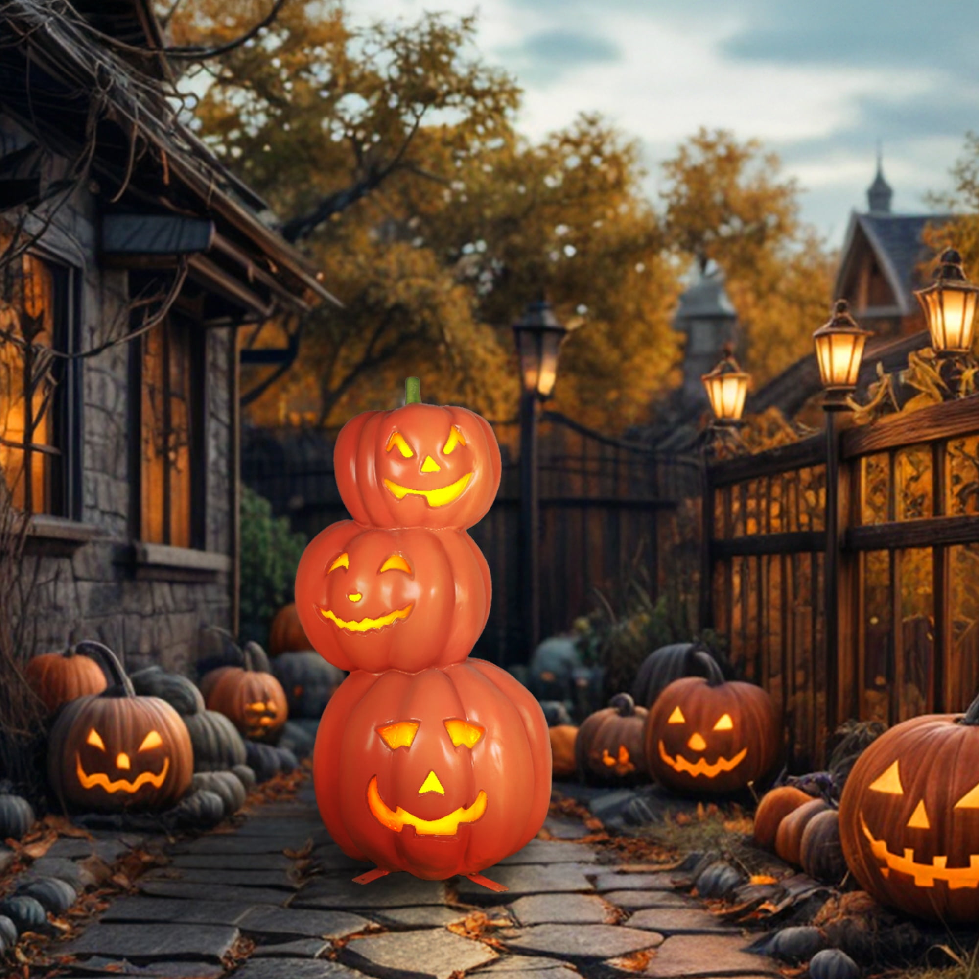 Universal Statues Lighted Pumpkin Tower Outdoor Halloween Garden Statue ...