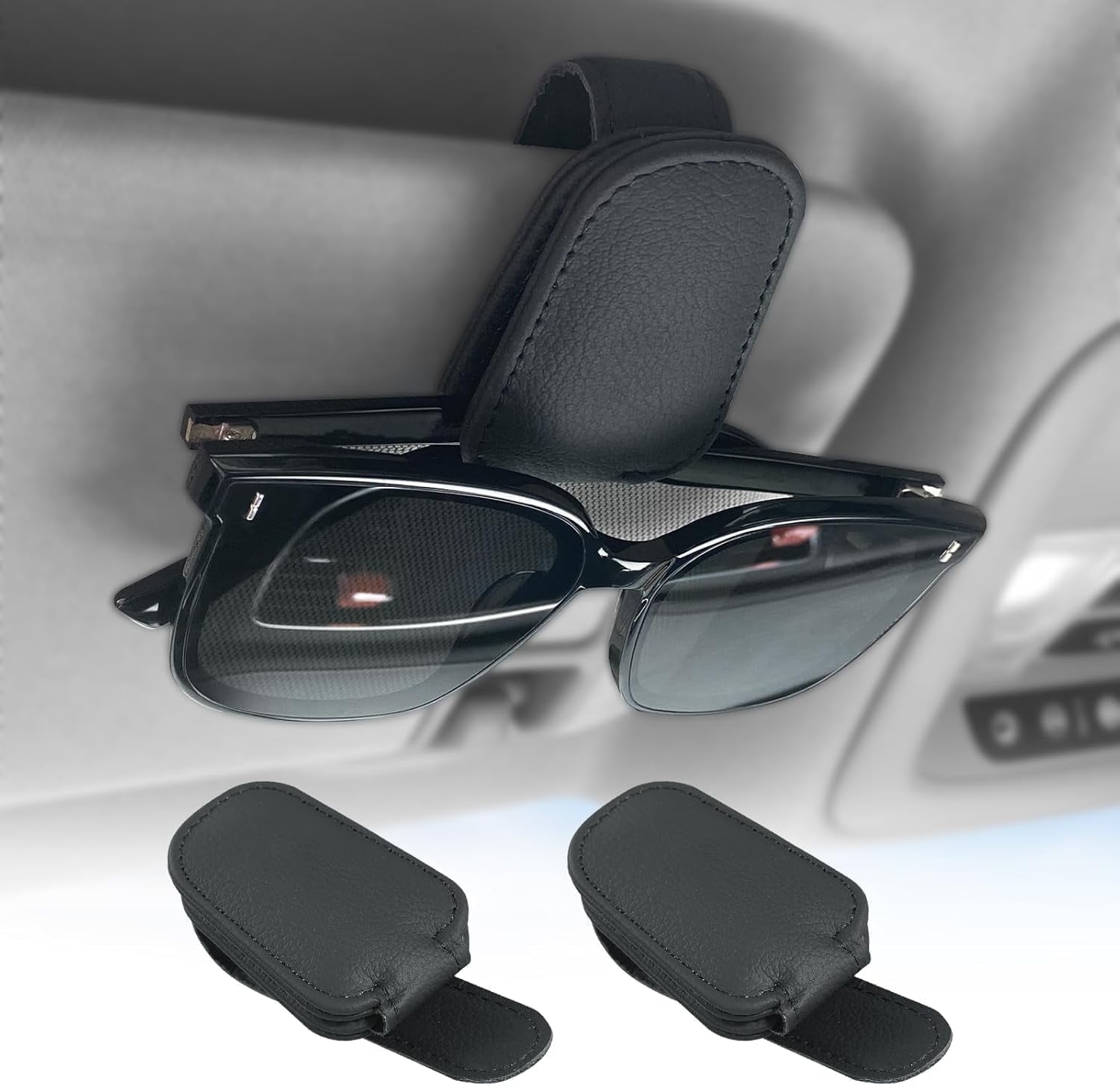 MOZEEDA Magnetic Car Sunglass Holder, Universal Leather Eyeglass Clip ...