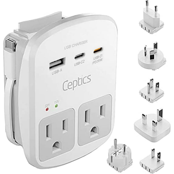 Universal Travel Adapter Kit – 2 USA sockets, USB-A, USBC, 1x PD 35W ...