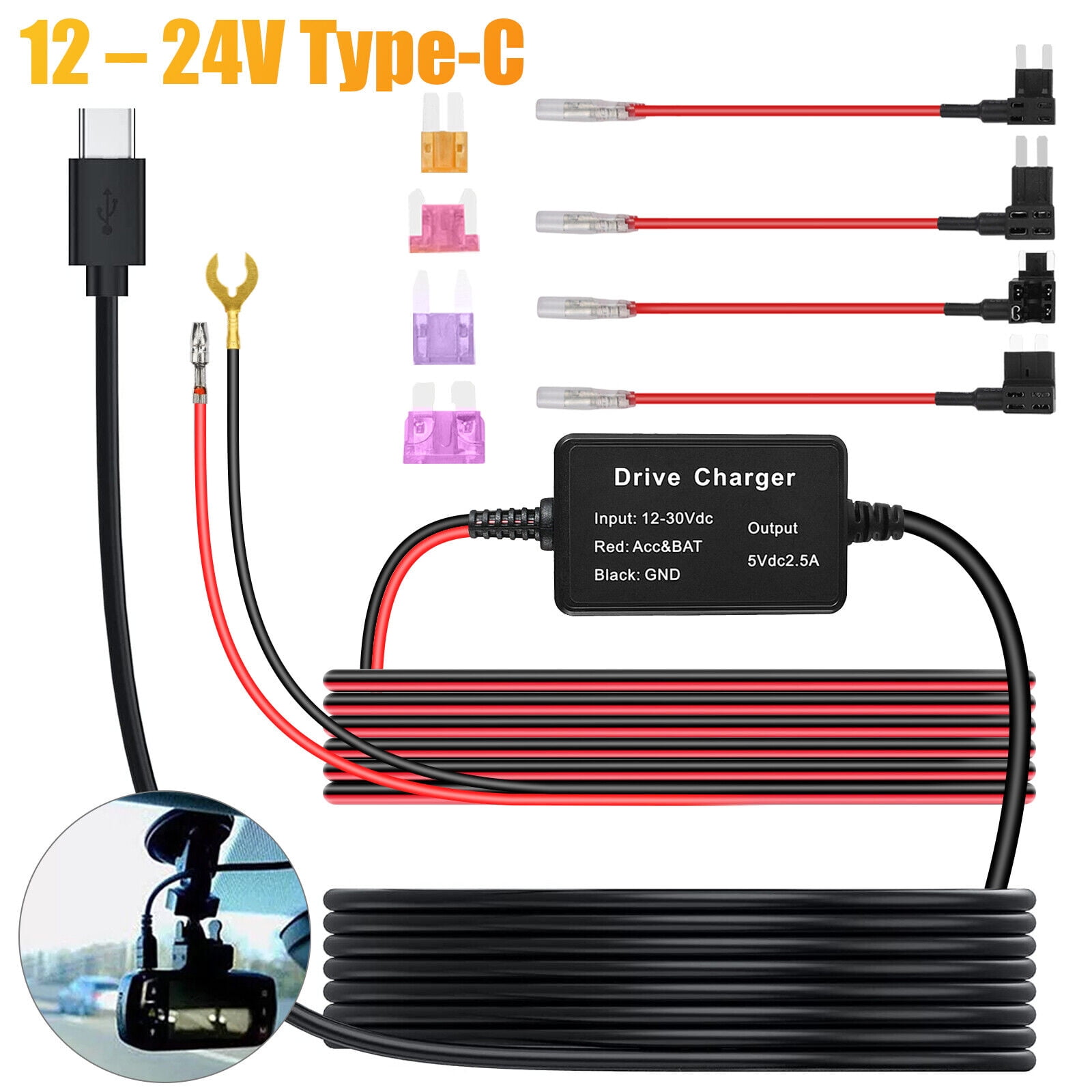 Universal Type C Dash Cam Hardwire Kit Hard Wire Cable Fuse 12-24V to ...