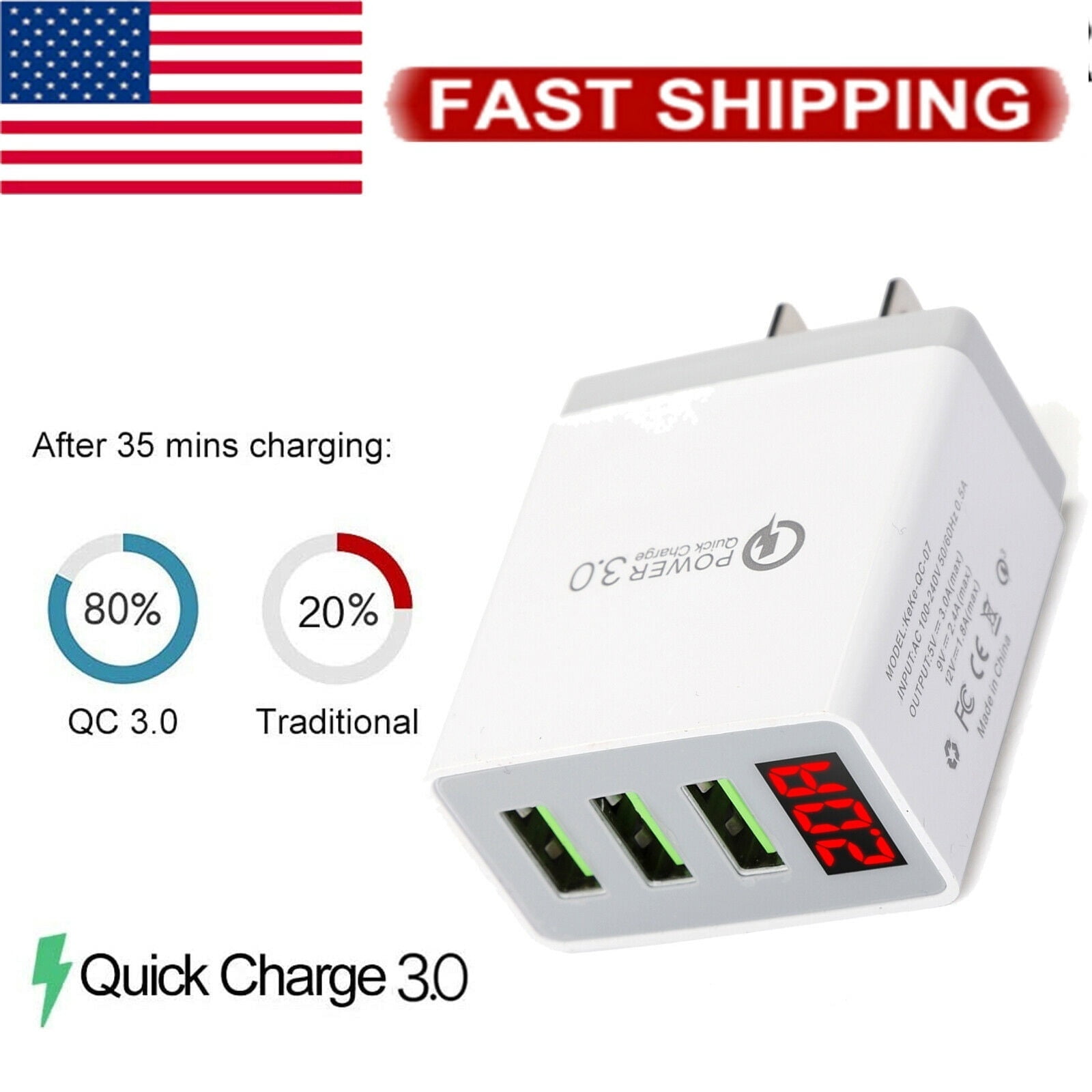 Universal USB Wall Charger W/ LED Digital Display, 3-Port Quick Charger ...
