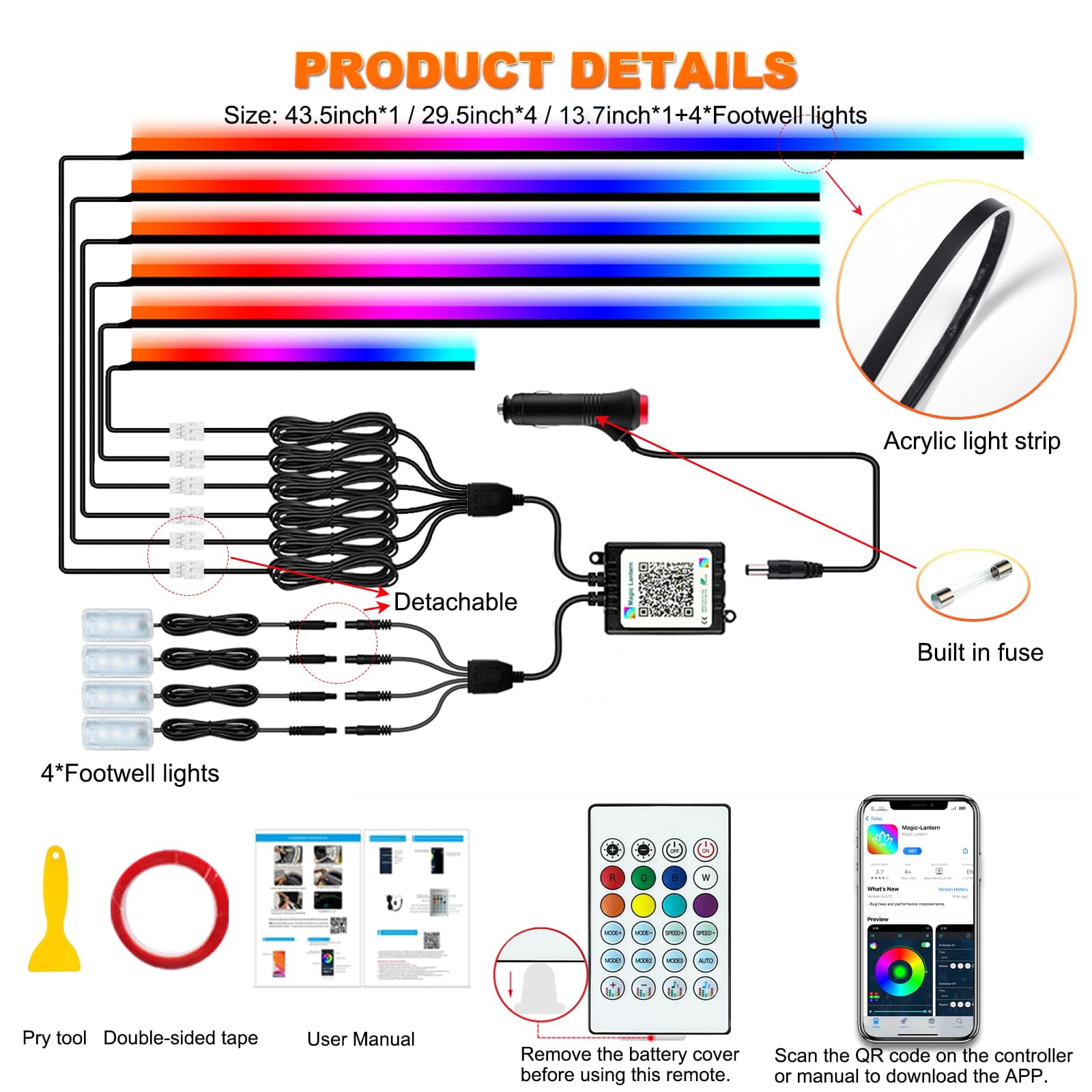 Universal symphony car ambient lights led interior rgb streamer ...