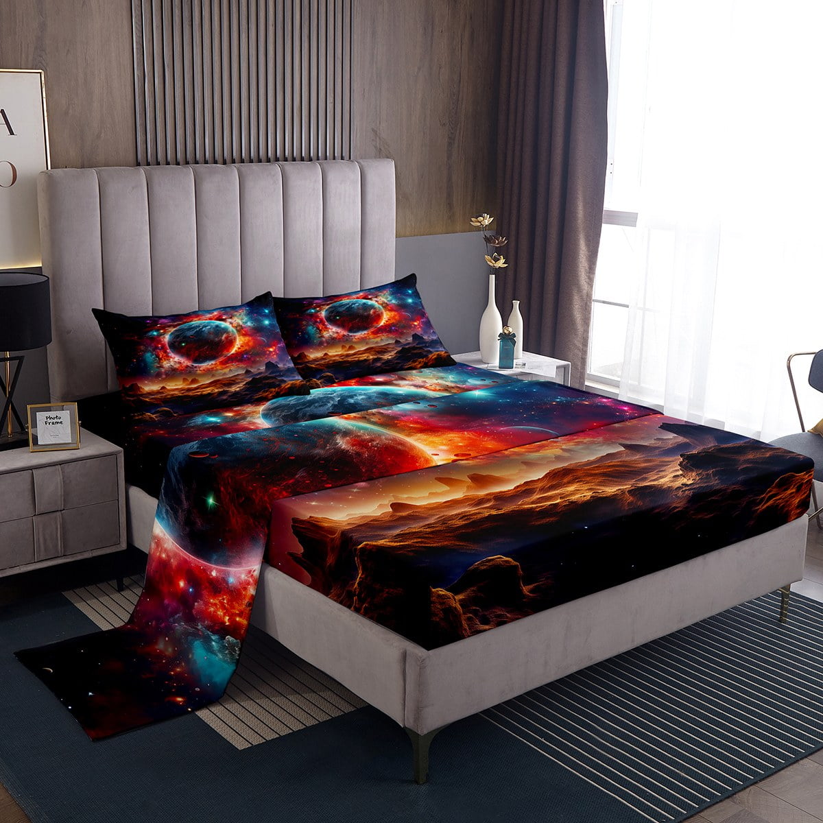 Universe Planet Bed Sheets Set Starry Sky Star Moon Galaxy Queen Sheet ...