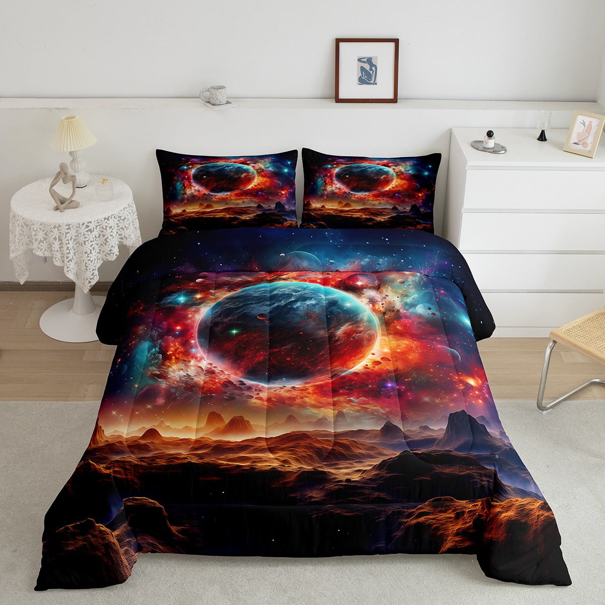 Universe Planet Comforter Set Starry Sky Star Moon Galaxy King Bedding ...