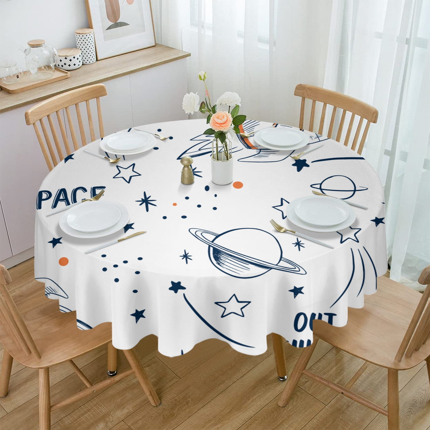 Universe Space Rocket Cartoon White Round Waterproof Tablecloth Home ...