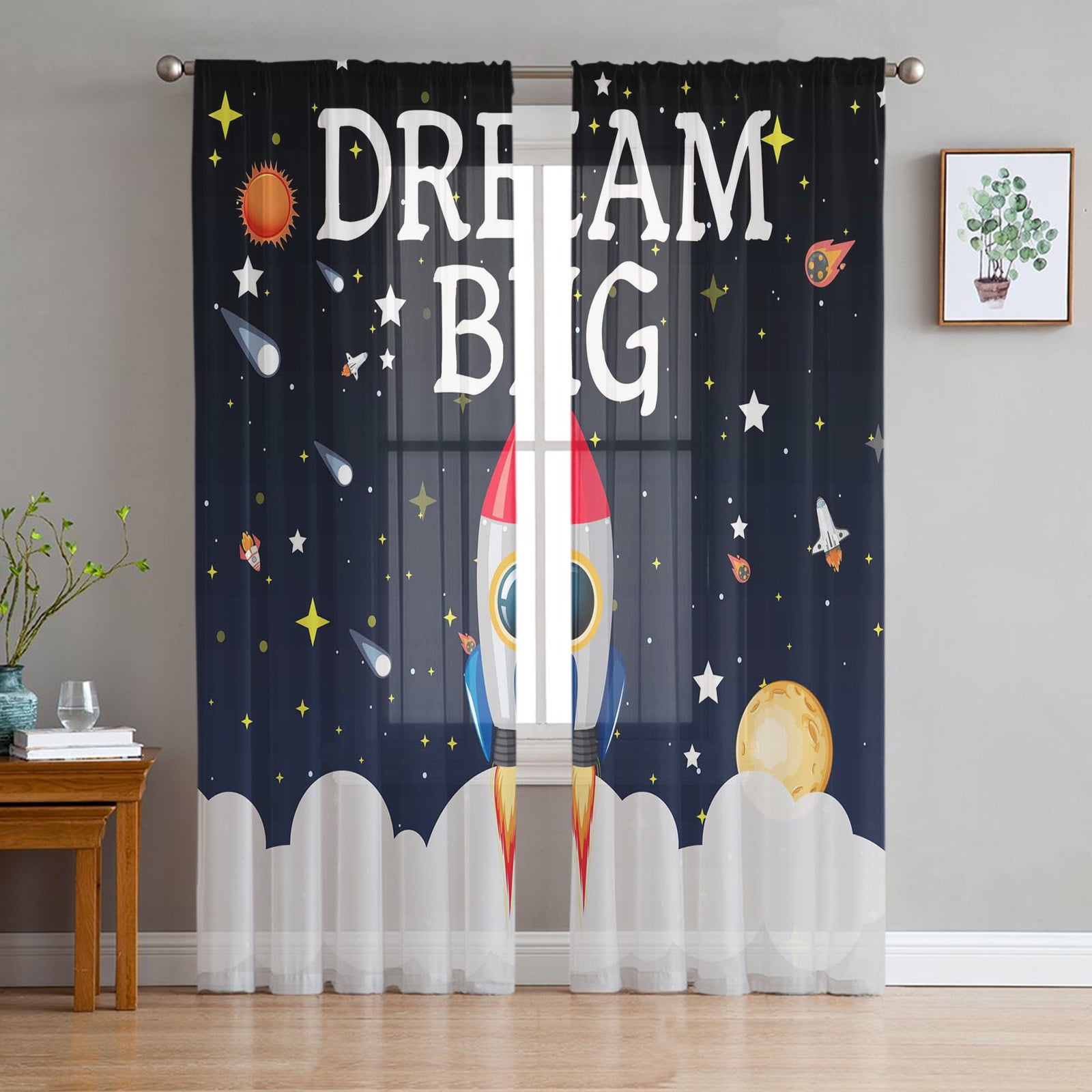 Universe Space Rocket Cartoon White Tulle Sheer Curtains for Living ...