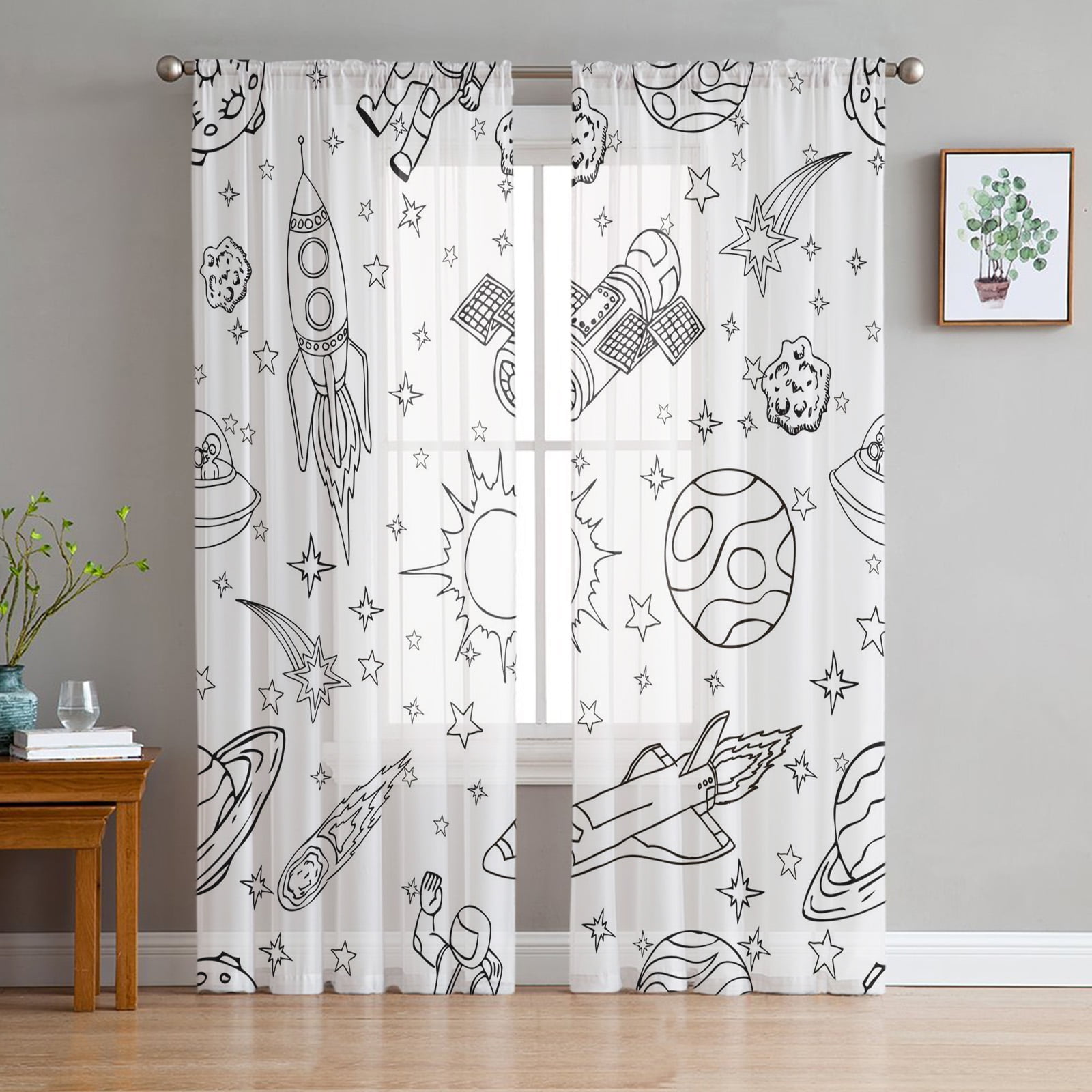 Universe Space Rocket Cartoon White Tulle Sheer Curtains for Living ...