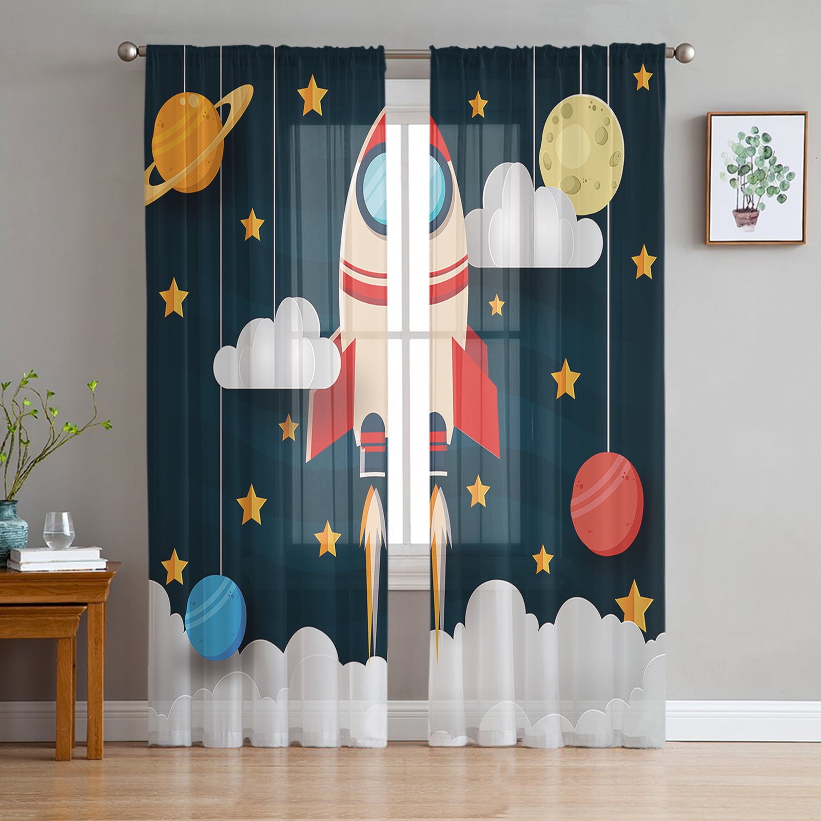 Universe Space Rocket Cartoon White Tulle Sheer Curtains for Living ...